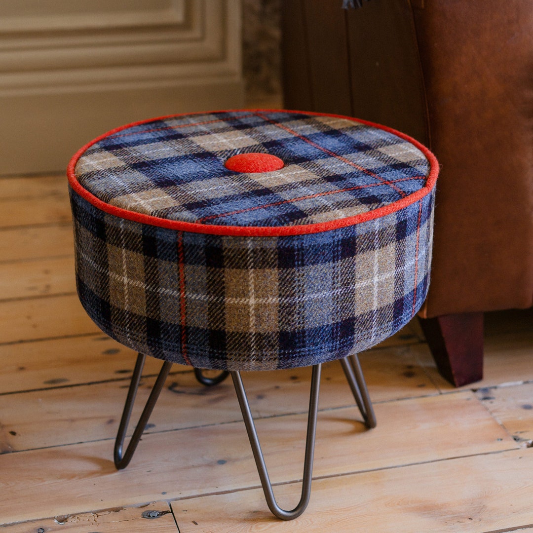Harris Tweed Mackenzie Tartan Footstool With Orange Trim & Steel ...