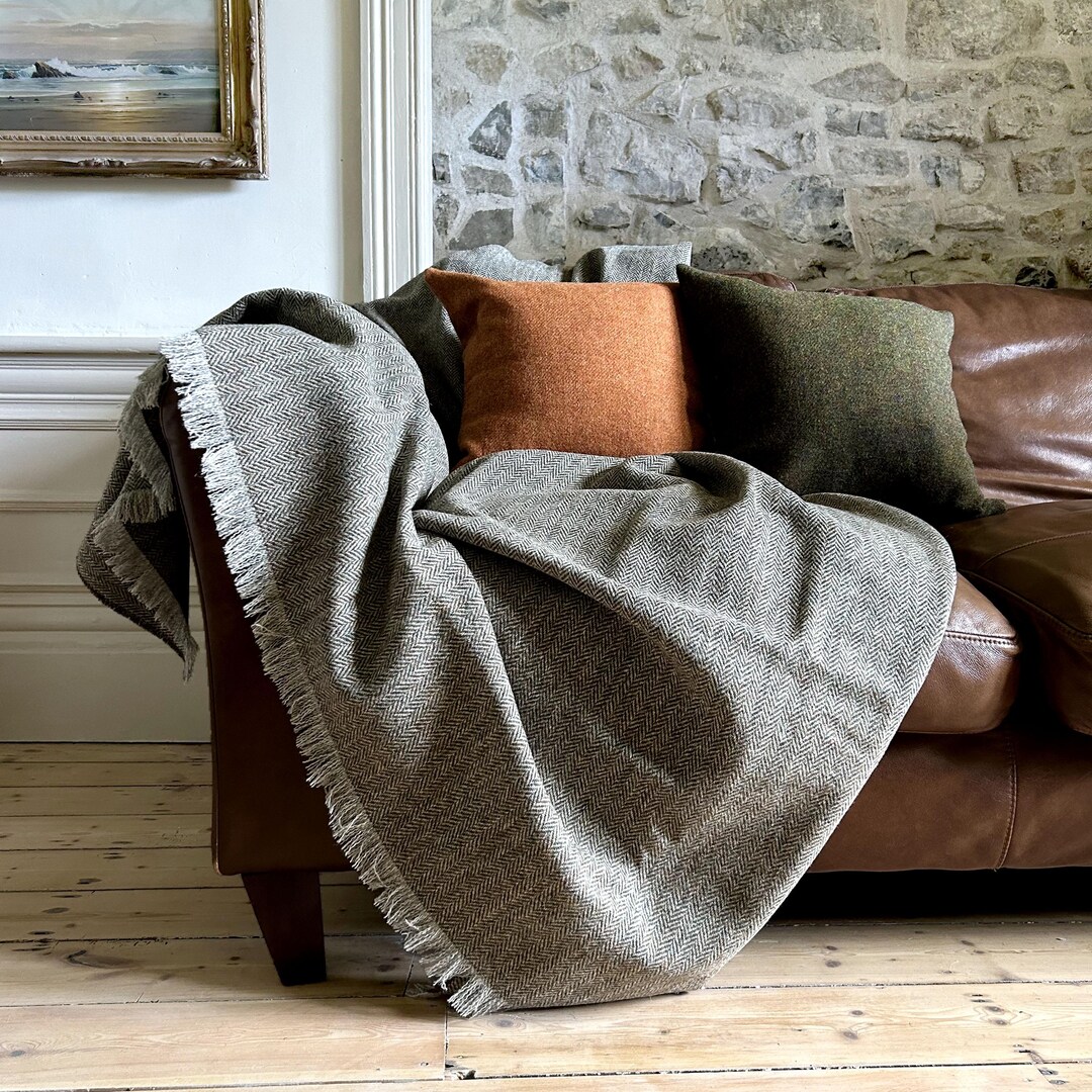 Harris Tweed Lovat Herringbone - Luxury Large Pure Wool Throw Blanket ...