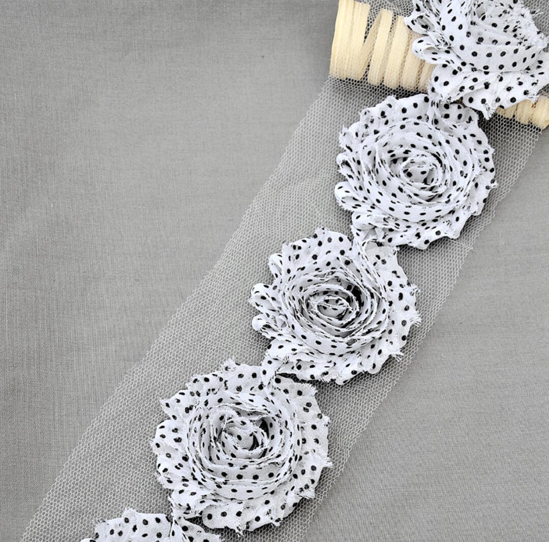 1/2 Yard Shabby Rose Trim 7 Pcs Shabby Flower White Black Polka Dot ...