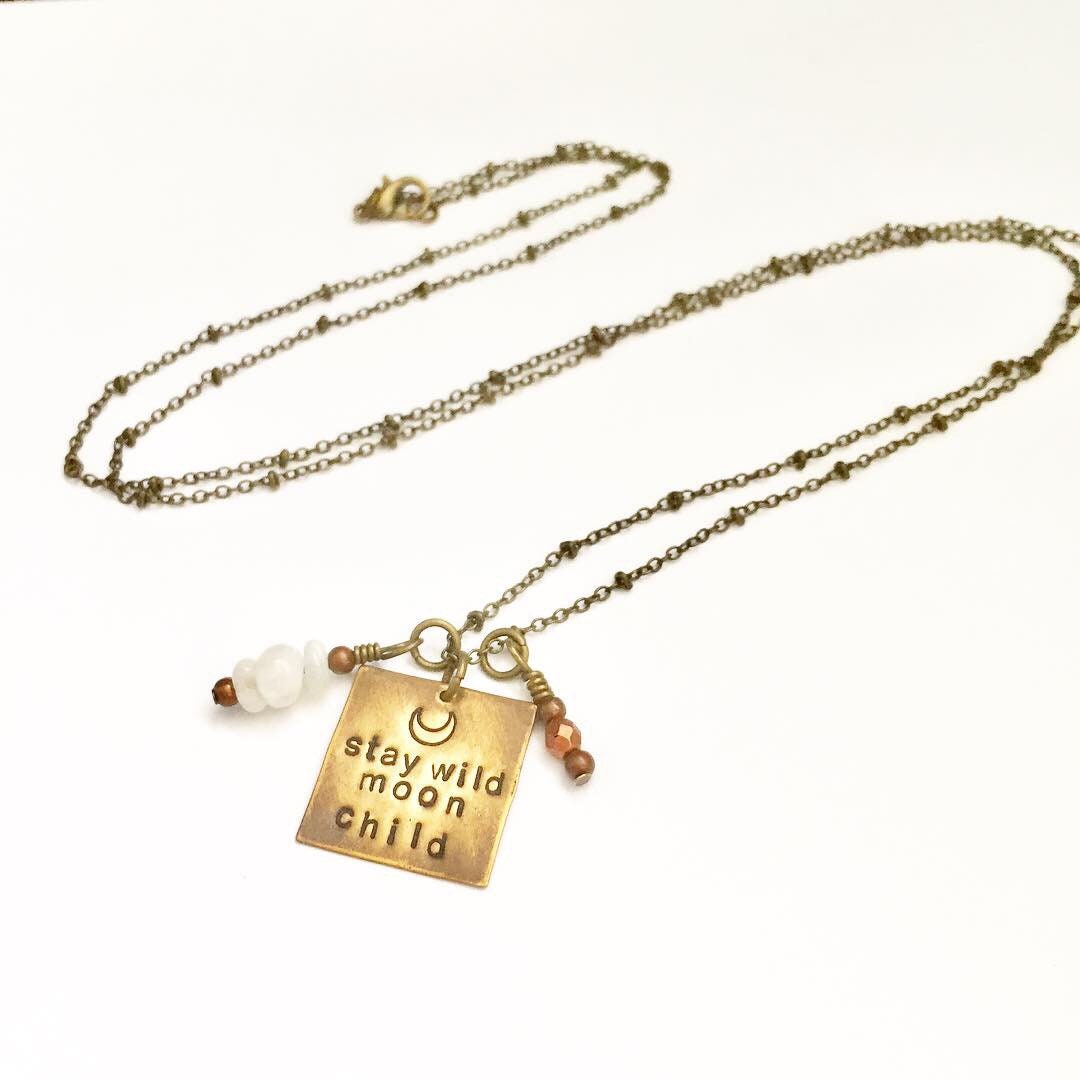 Moonstone Charm Necklace: Bronze 'stay Wild Moon Child' Pendant - Etsy