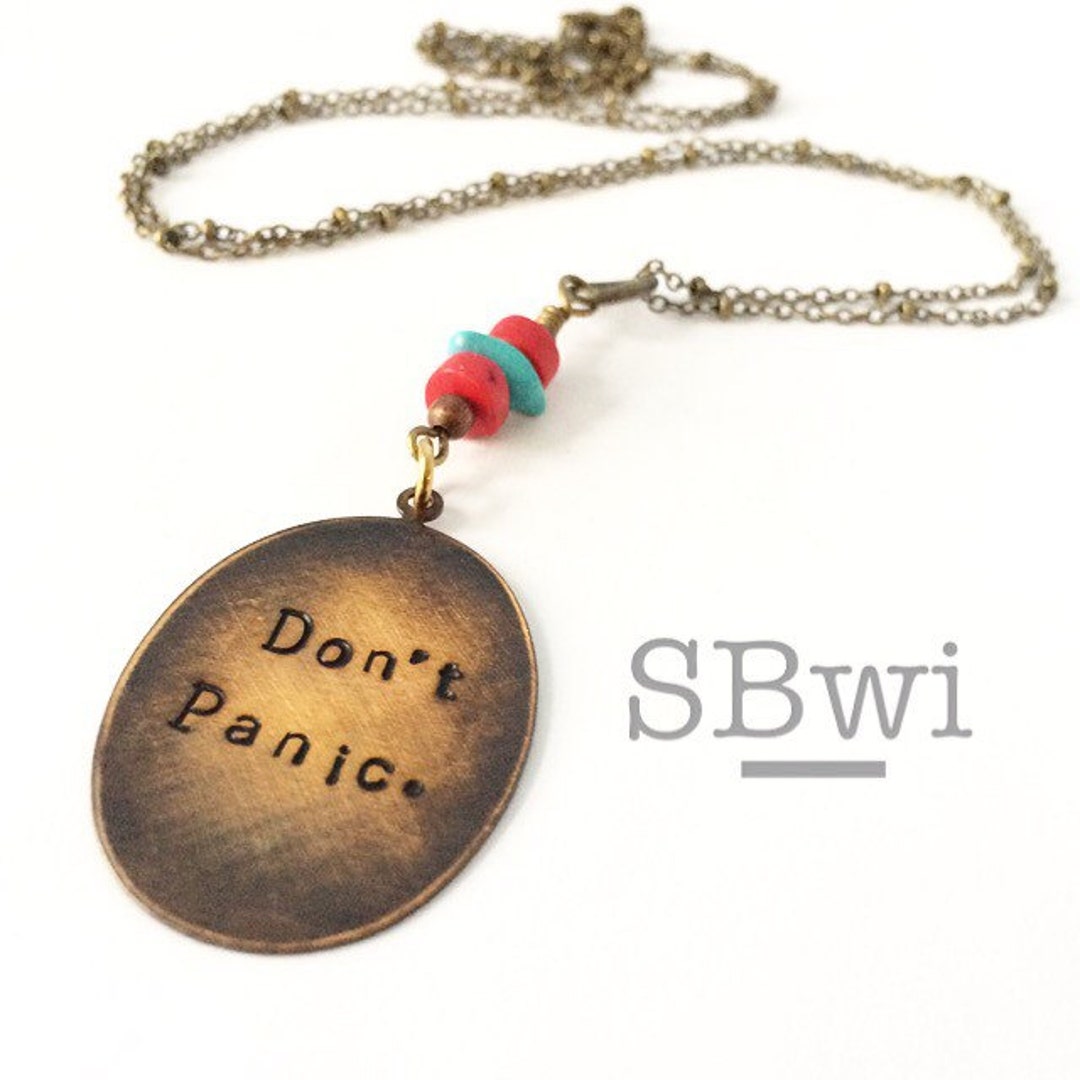 Antique Brass "don't Panic" Necklace With Turquoise Detail - Etsy