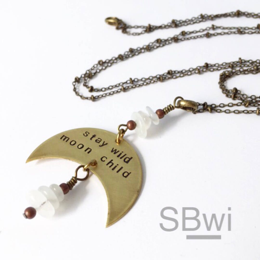 Moonstone Crescent Moon Necklace: 'stay Wild Moon Child' Word Jewelry ...