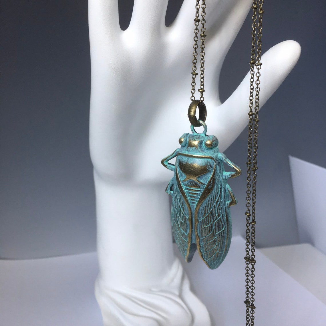 Cicada necklace. Bronze necklace. Green patina necklace. Bug | Etsy