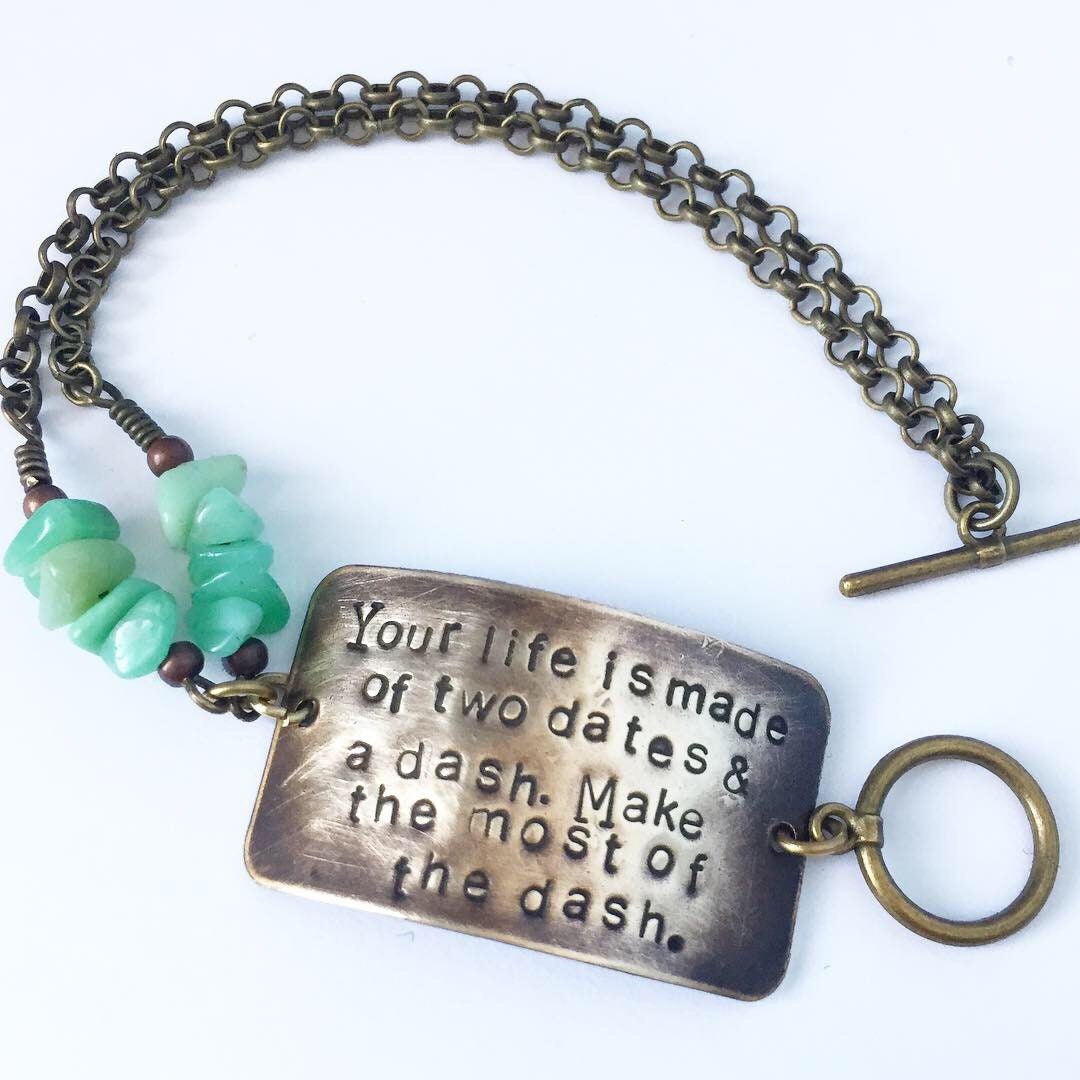 Bronze Quote Bracelet With Green Jade: Handmade Word Jewelry - Etsy