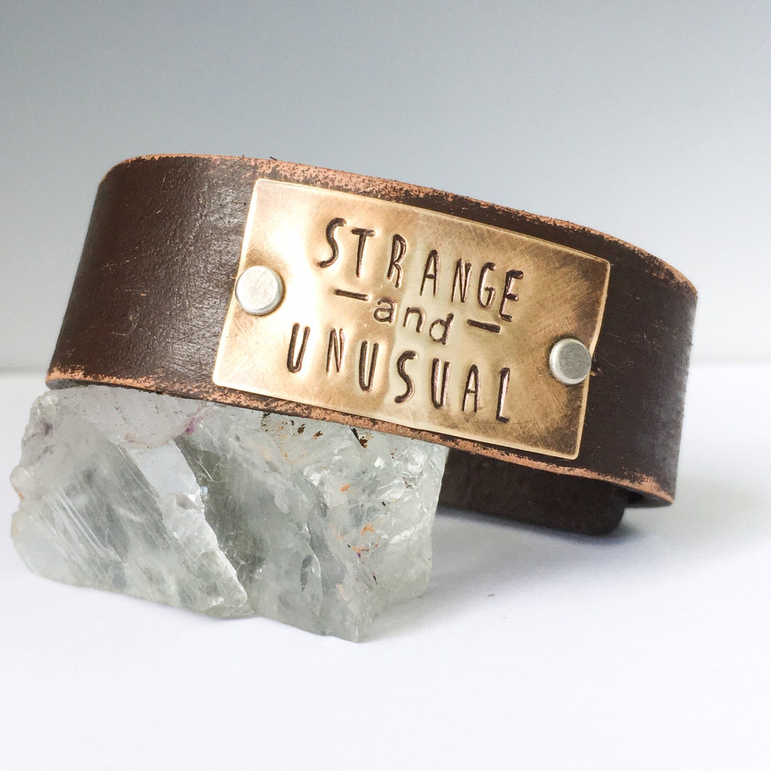 Etched Bronze Plate Brown Leather Cuff: Strange & Unusual Bracelet - Etsy
