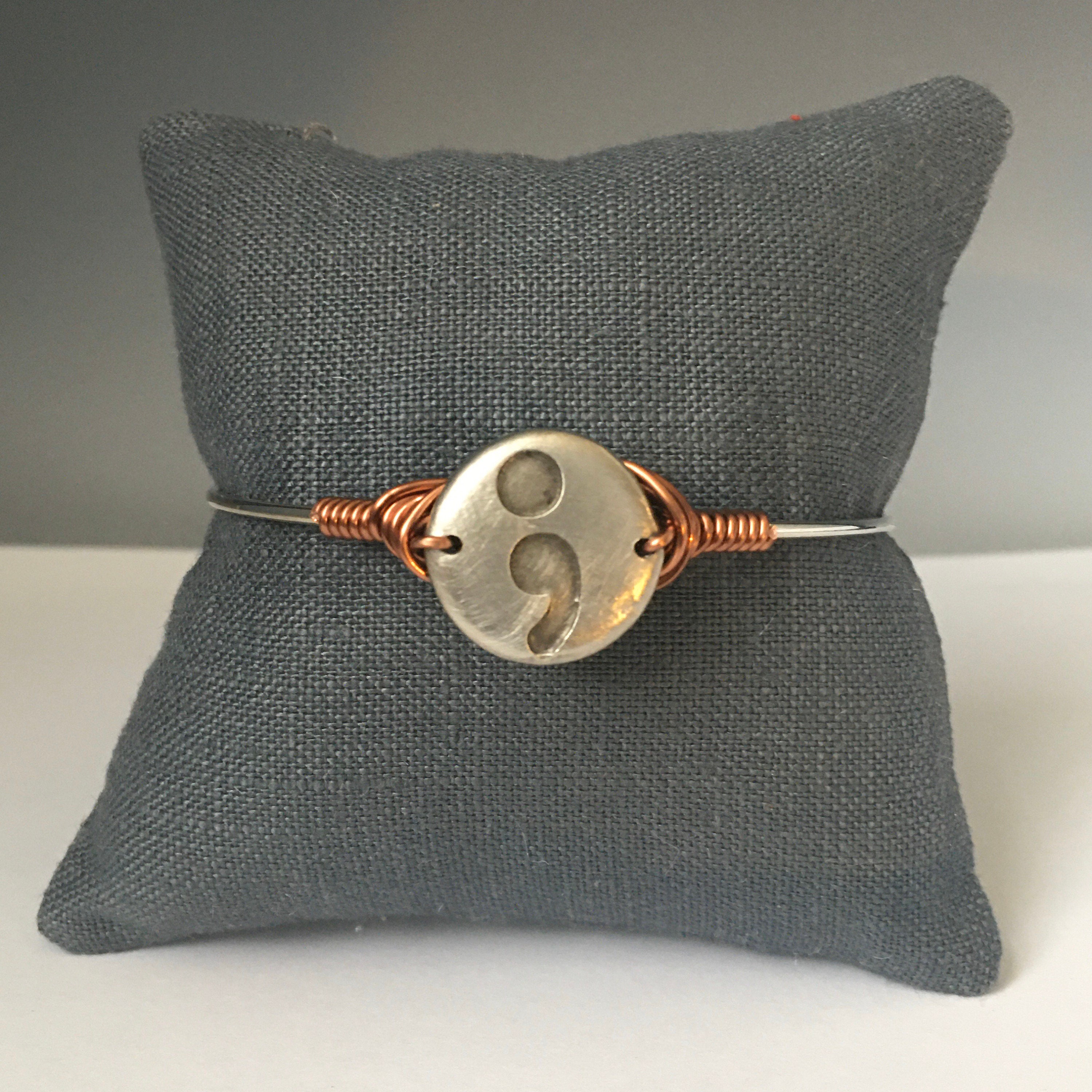 Semicolon Bangle Bracelet: Pewter Pendant, Copper Wire Wrapped - Etsy