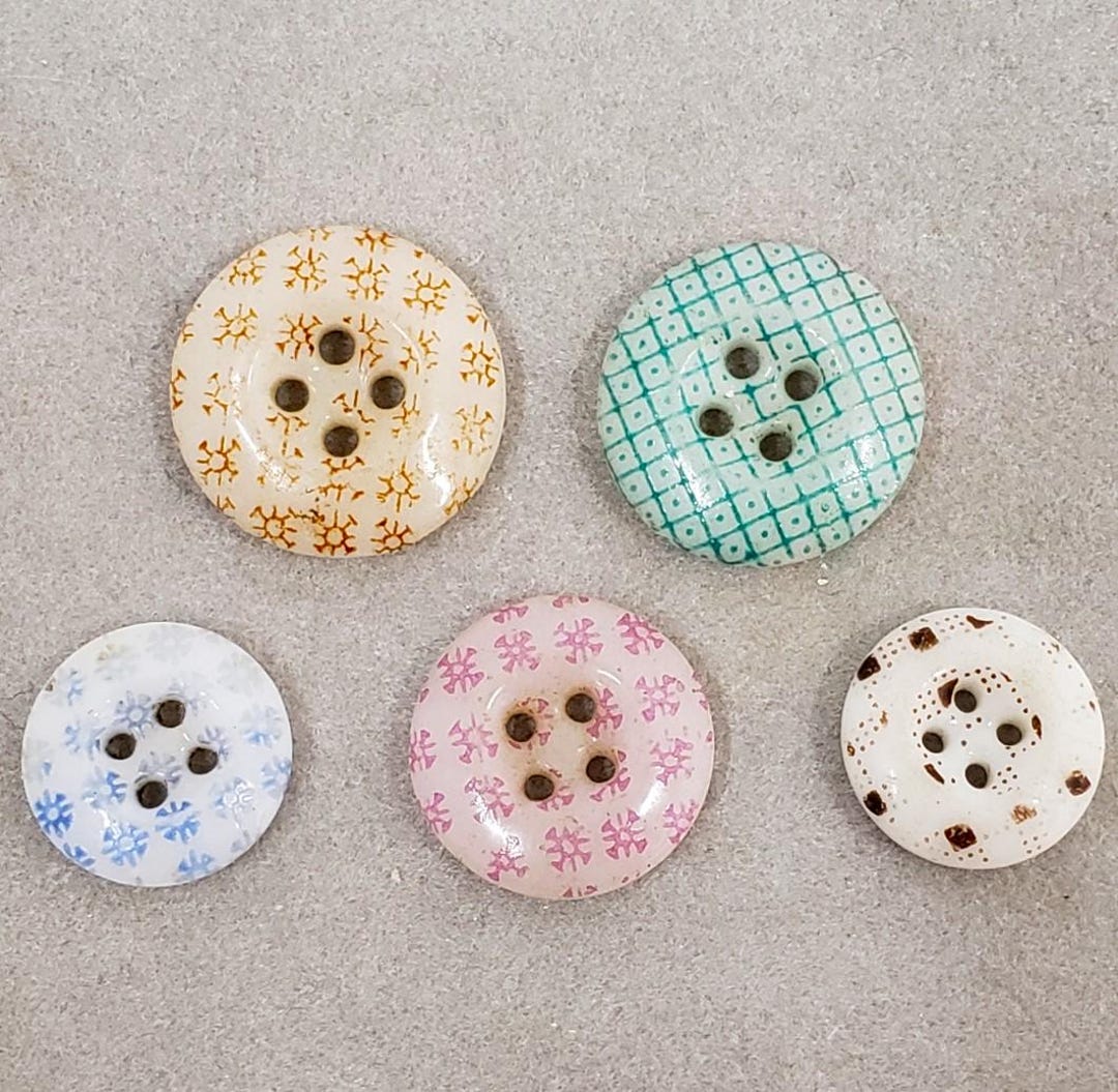 Antique Calico China Buttons - Set of 5 - Brown, Green, Pink, Blue ...