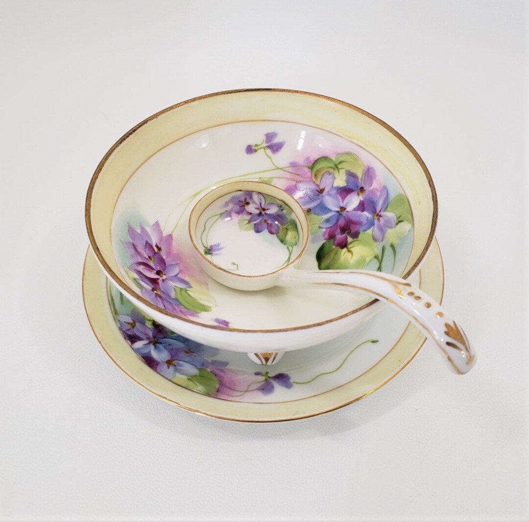 Hand-painted Nippon Condiment Set Spoon, Footed Bowl, and Saucer ...