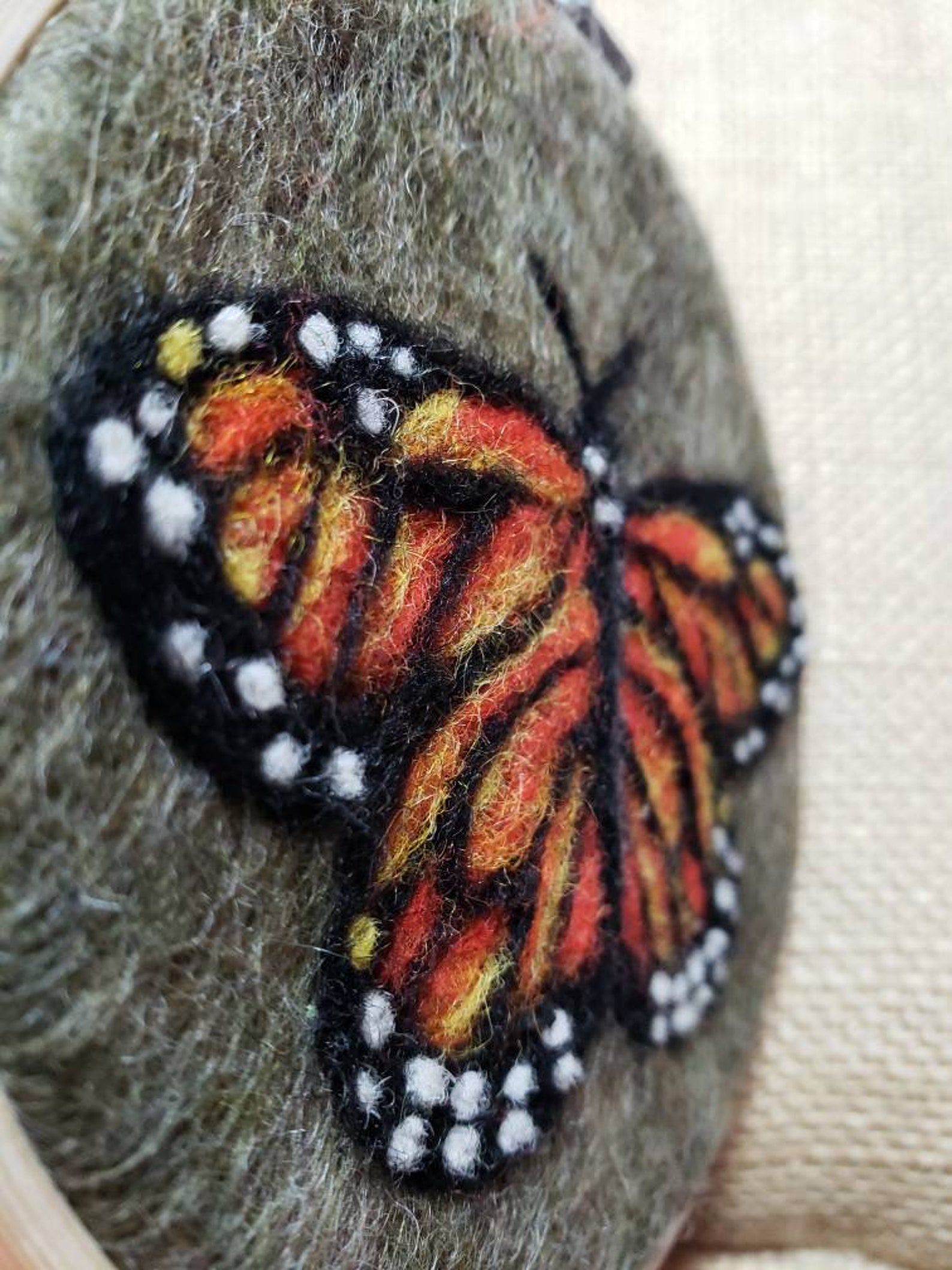 Monarch Butterfly Needle Felted Wool Painting - Framed in Embroidery ...