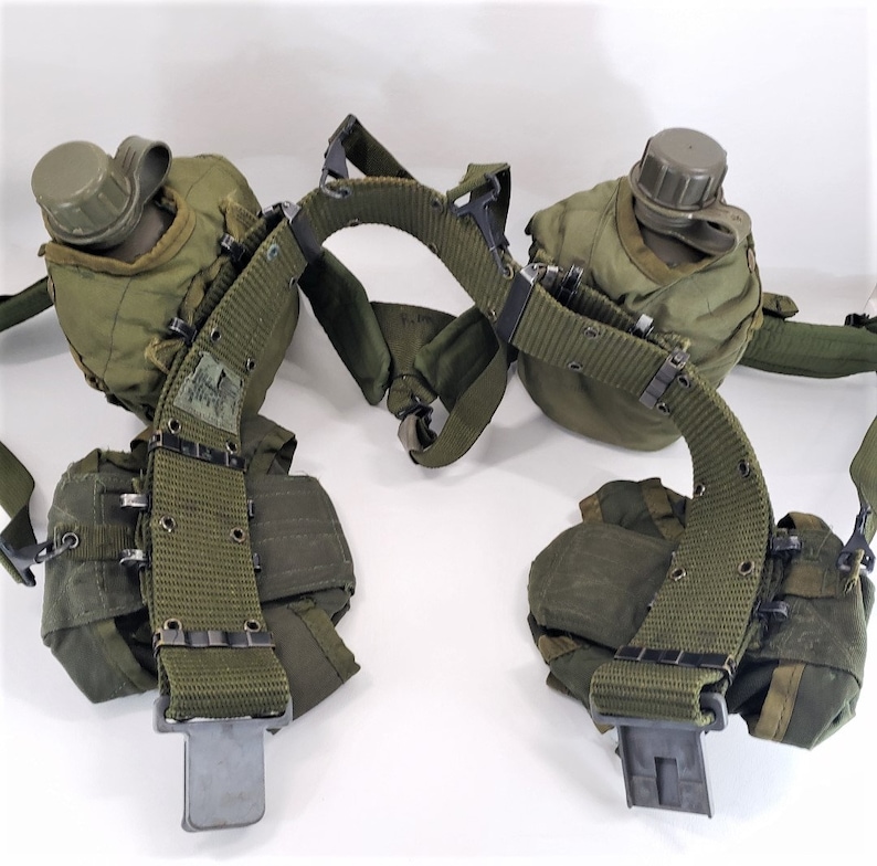 Vintage US Military ALICE LBE Pistol Belt & Suspenders Rig: 2 Canteens, Canteen Cup With Stove ...
