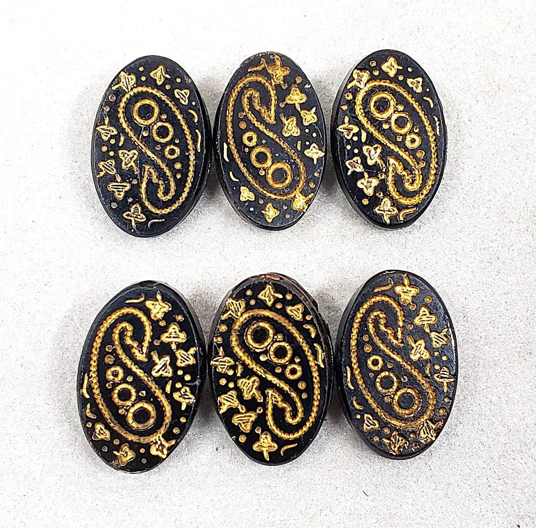 Victorian Black Glass Aristocrat Buttons – Etched Paisley Gold Design ...