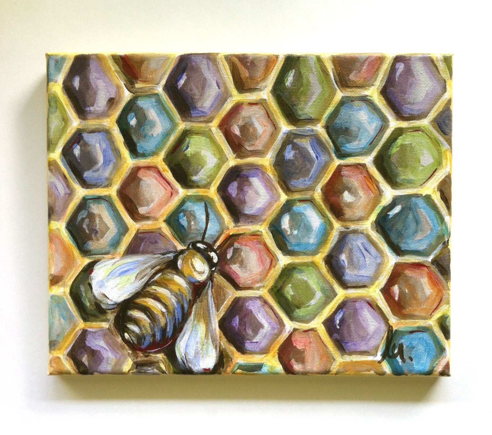 Bee on Honeycomb Painting Acrylic on 8 x 10 Back Stapled | Etsy