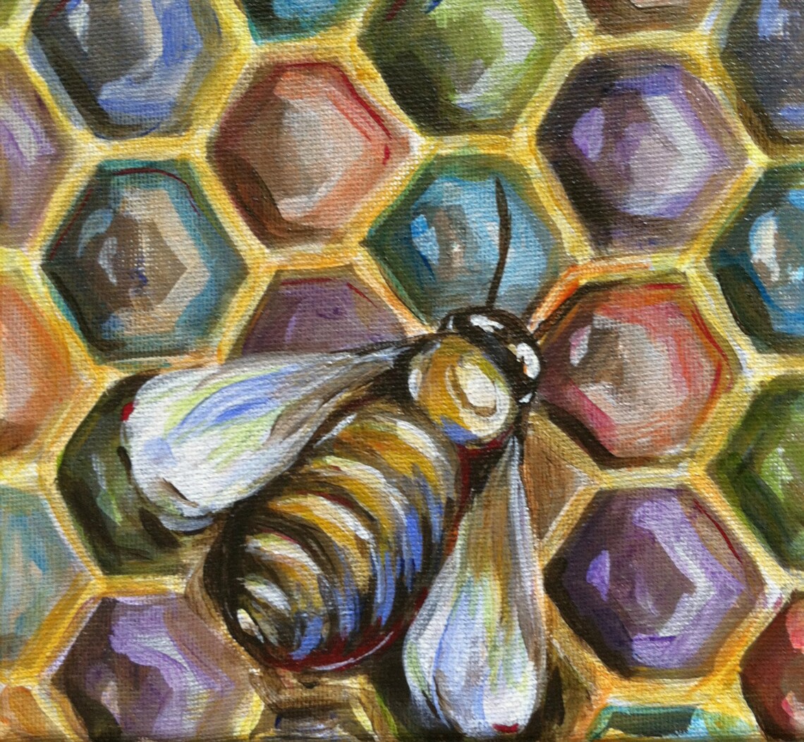 Bee on Honeycomb Painting Acrylic on 8 x 10 Back Stapled | Etsy