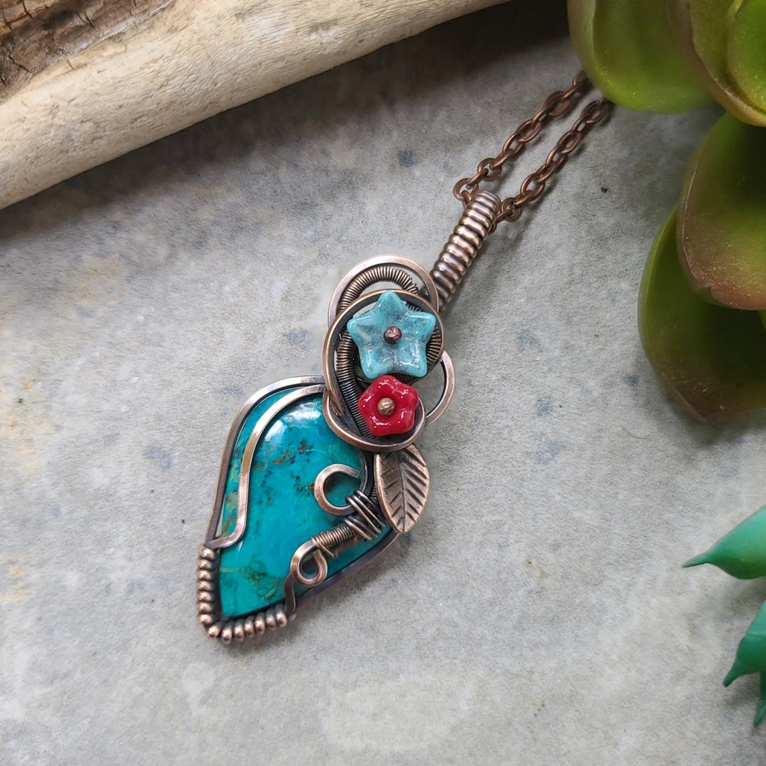 Chrysocolla Wire Wrapped Necklace Wire Wrapped Jewelry Handmade Boho ...