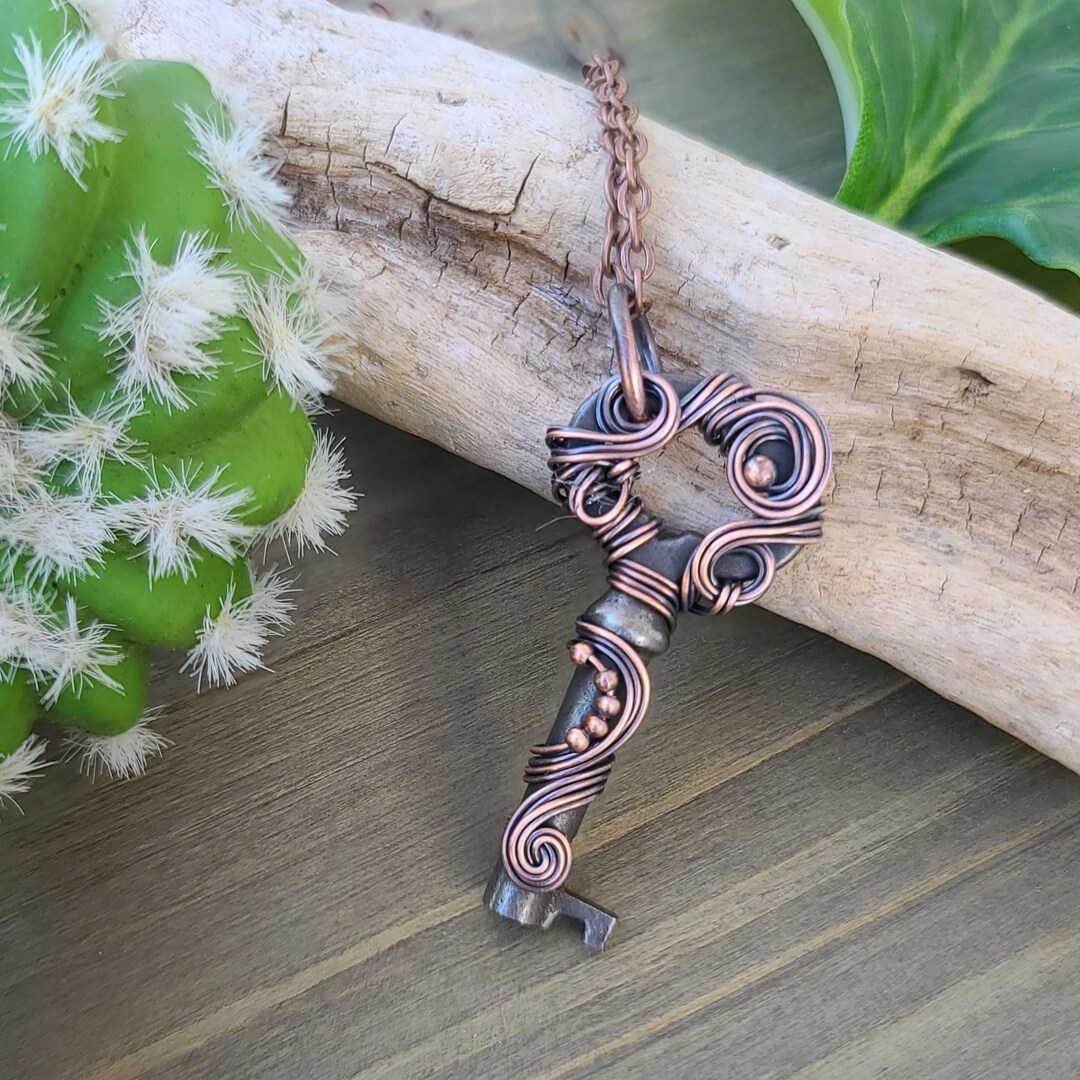 Antique Key Necklace: Copper Wire Wrapped Pendant, 1900s Skeleton Key ...