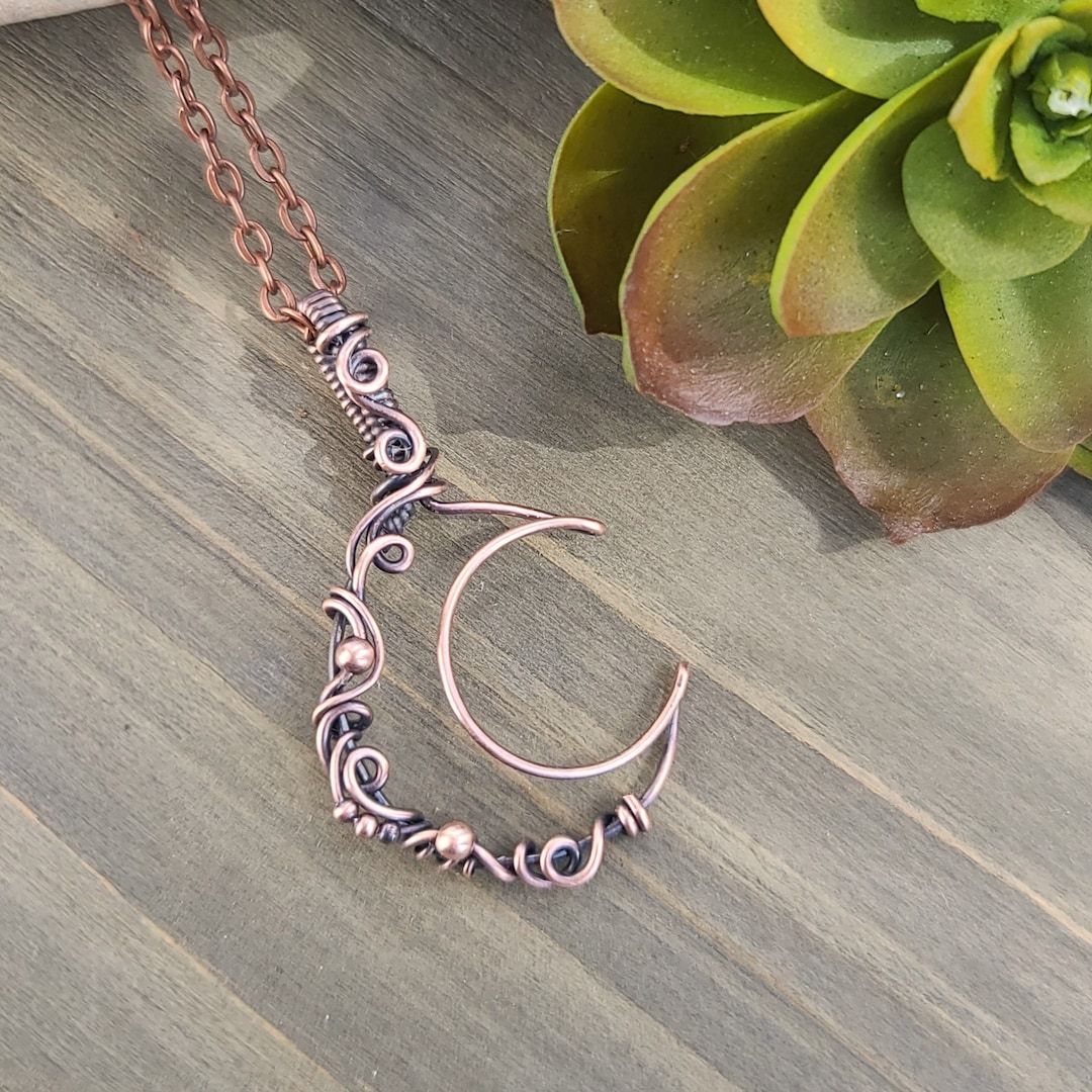 Copper Crescent Moon Pendant: Wire Wrapped Lunar Necklace - Etsy