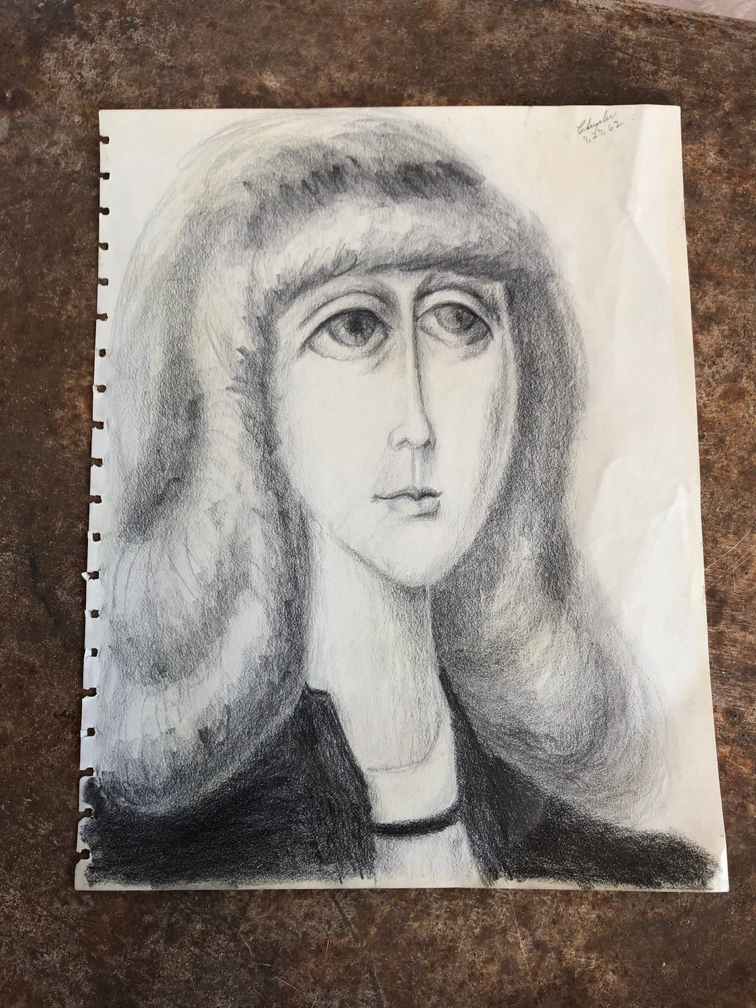 Portrait Drawing Original Vintage, 1960s Art, Retro Style, Drawing on ...