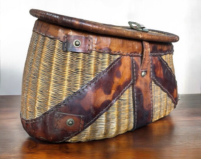Antique Leather Wicker Fishing Creel, Old Fishing Basket, Vintage ...