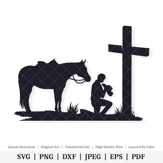 Cowboy Praying At Cross Cowboy Praying Kneeling At Cross With Horse