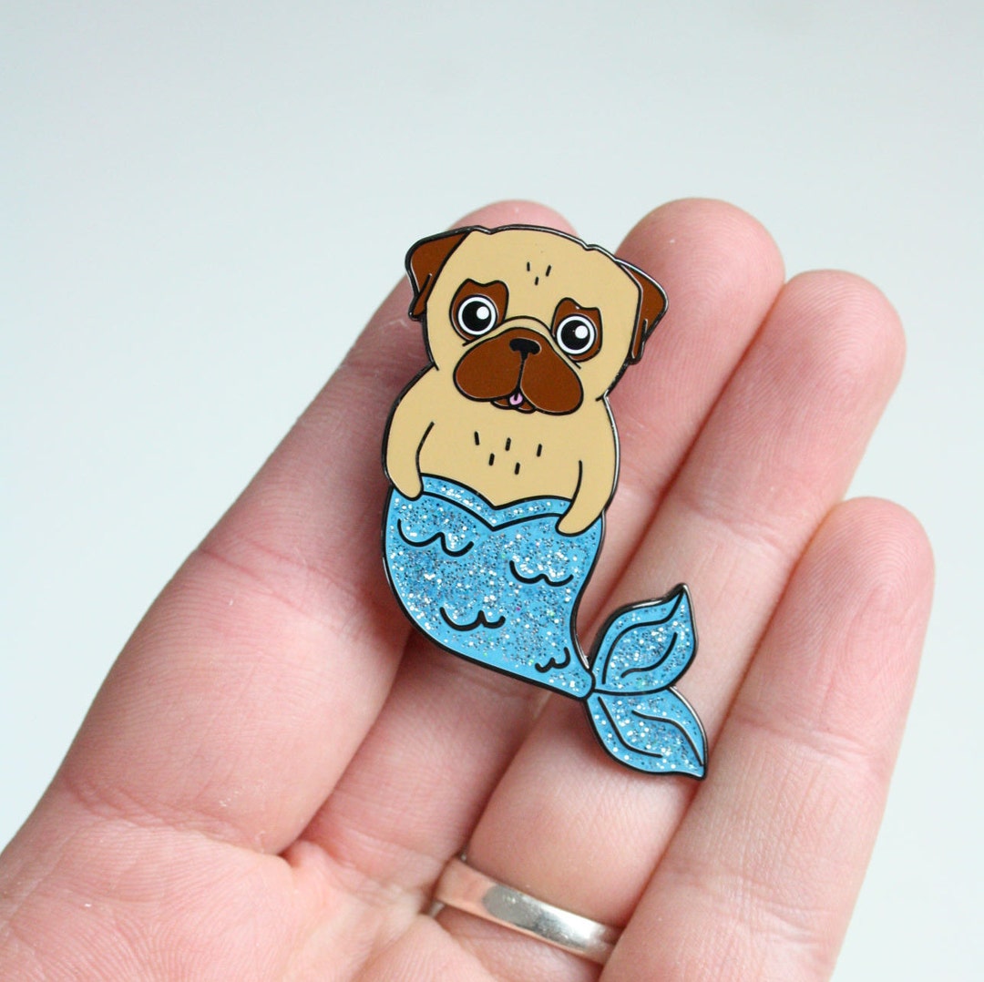 Mermaid Pug Pin | Hard Enamel Dog Brooch | Blue Glitter, Black Nickel ...