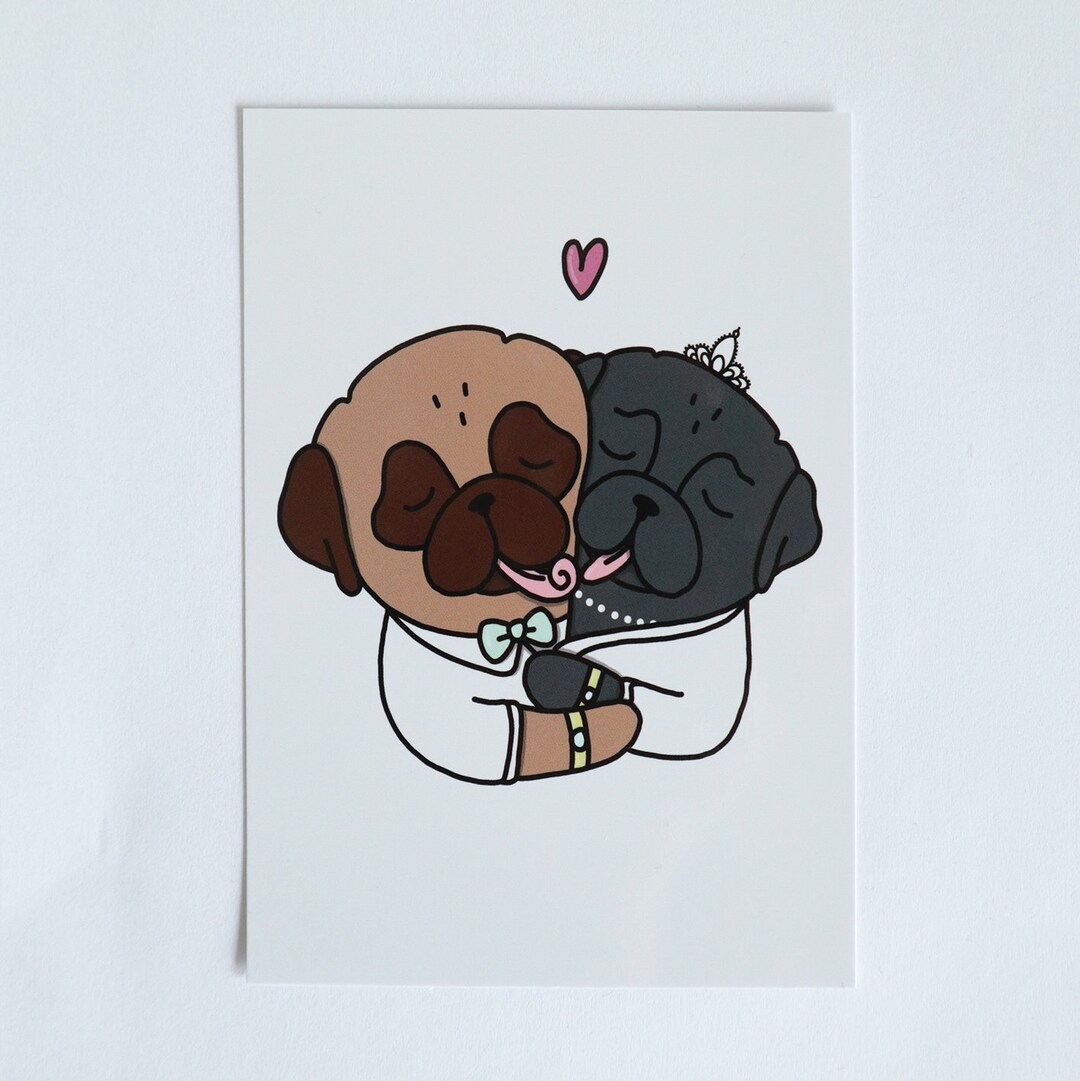 Just Married Pugs Card A6 | Pug Illustration | Postcard | Pugs Drawing ...