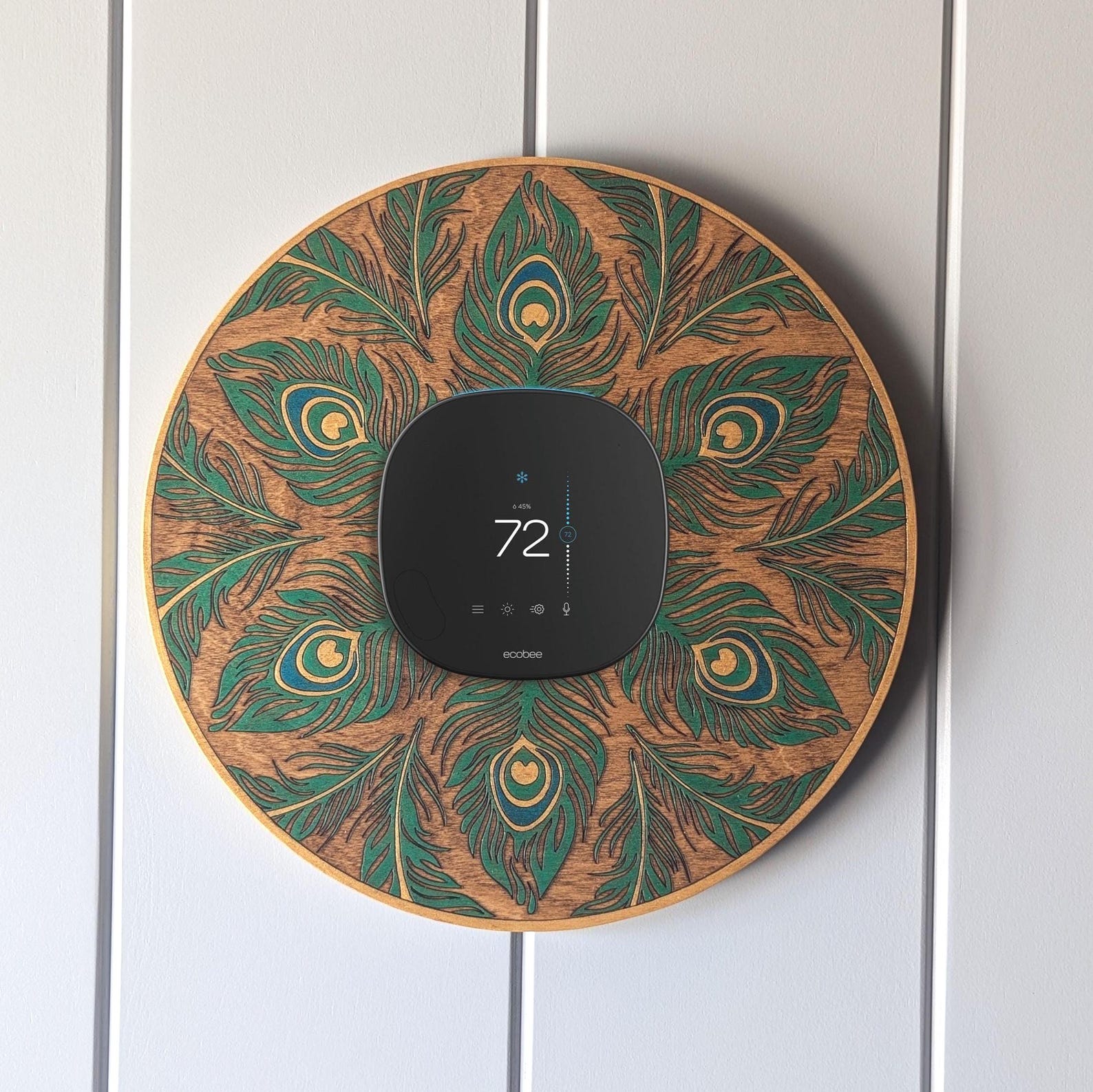 Peacock Feather Ecobee Wall Plate – Handmade Wooden Wall Decor - Etsy