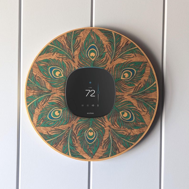 Peacock Feather Ecobee Wall Plate – Handmade Wooden Wall Decor - Etsy