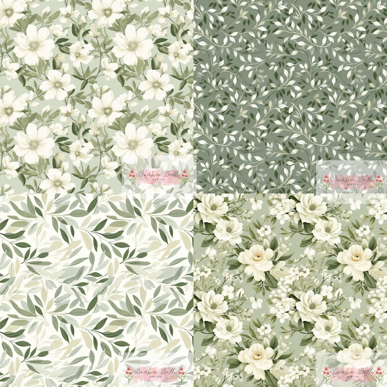 Sage Green Floral Digital Paper: Seamless Cottagecore Patterns (PNG ...