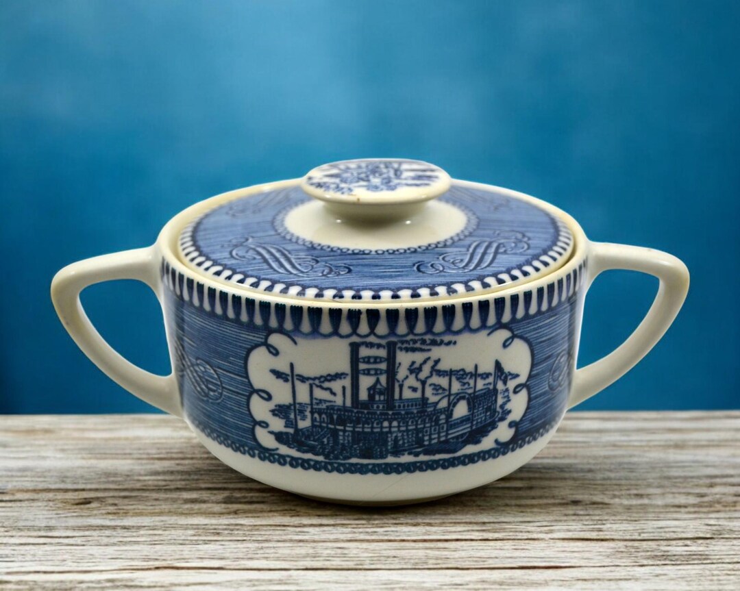 Vintage Currier & Ives Sugar Bowl – Steamboat Chic in Classic Flow Blue ...