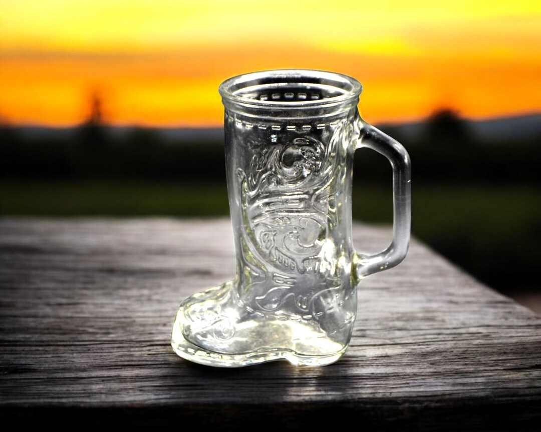 Clear Glass Cowboy Boot Mug – Vintage Western Rodeo Barware, Unmarked ...