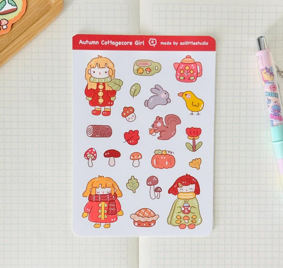 Autumn Cottagecore Girl Sticker Sheet | Bullet Journal Stickers, Cute ...