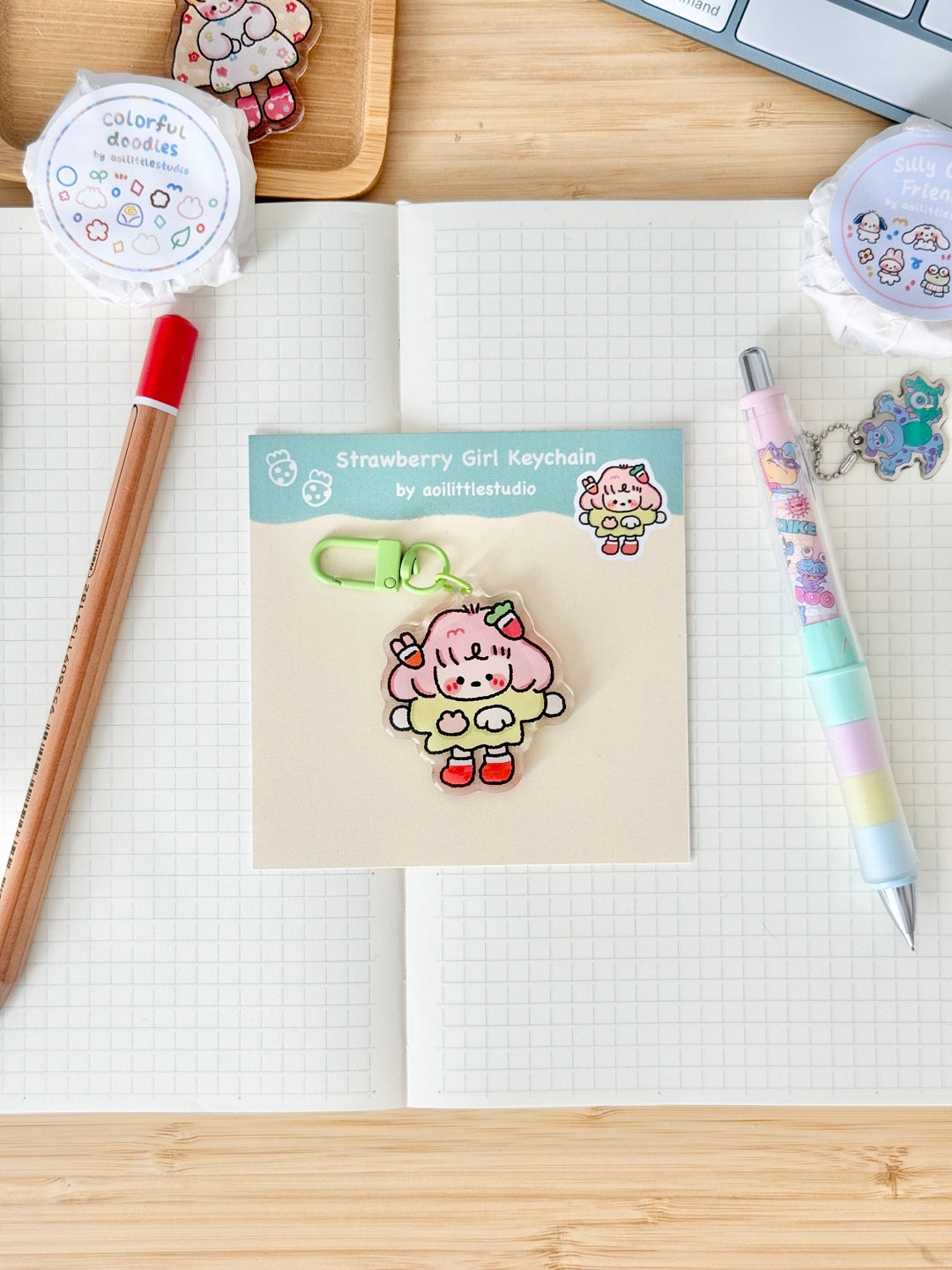 Strawberry Girl Keychain Unique Cute Keychain Green Keychain Tiny Cute ...