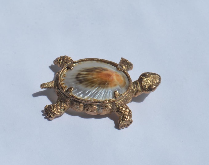 Vintage Hand Carved Brass Mother of Pearl Shell Turtle Tortoise Brooch ...