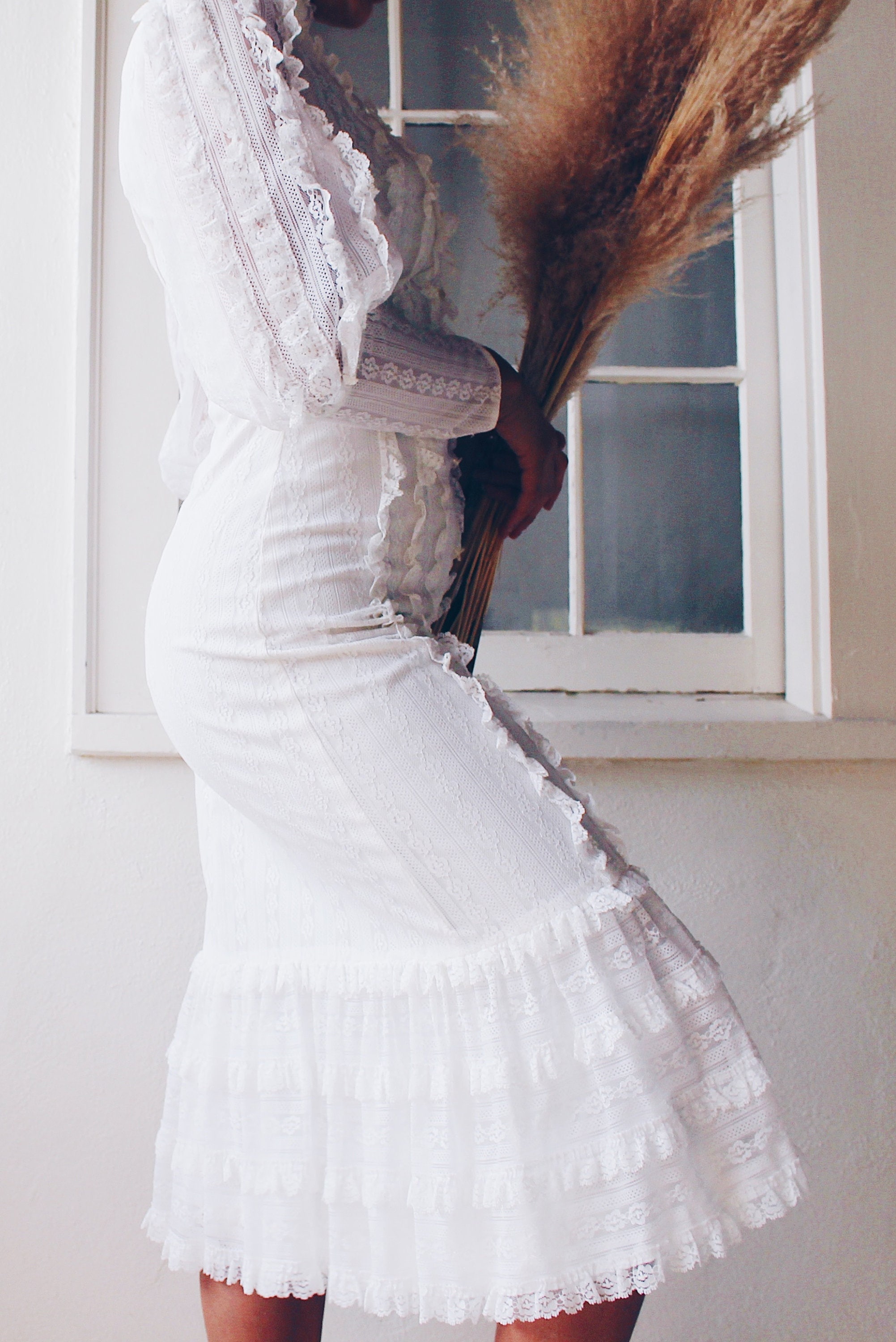 Vintage White Lace High Neck Victorian Midi Dress Long Sleeve Coquette ...