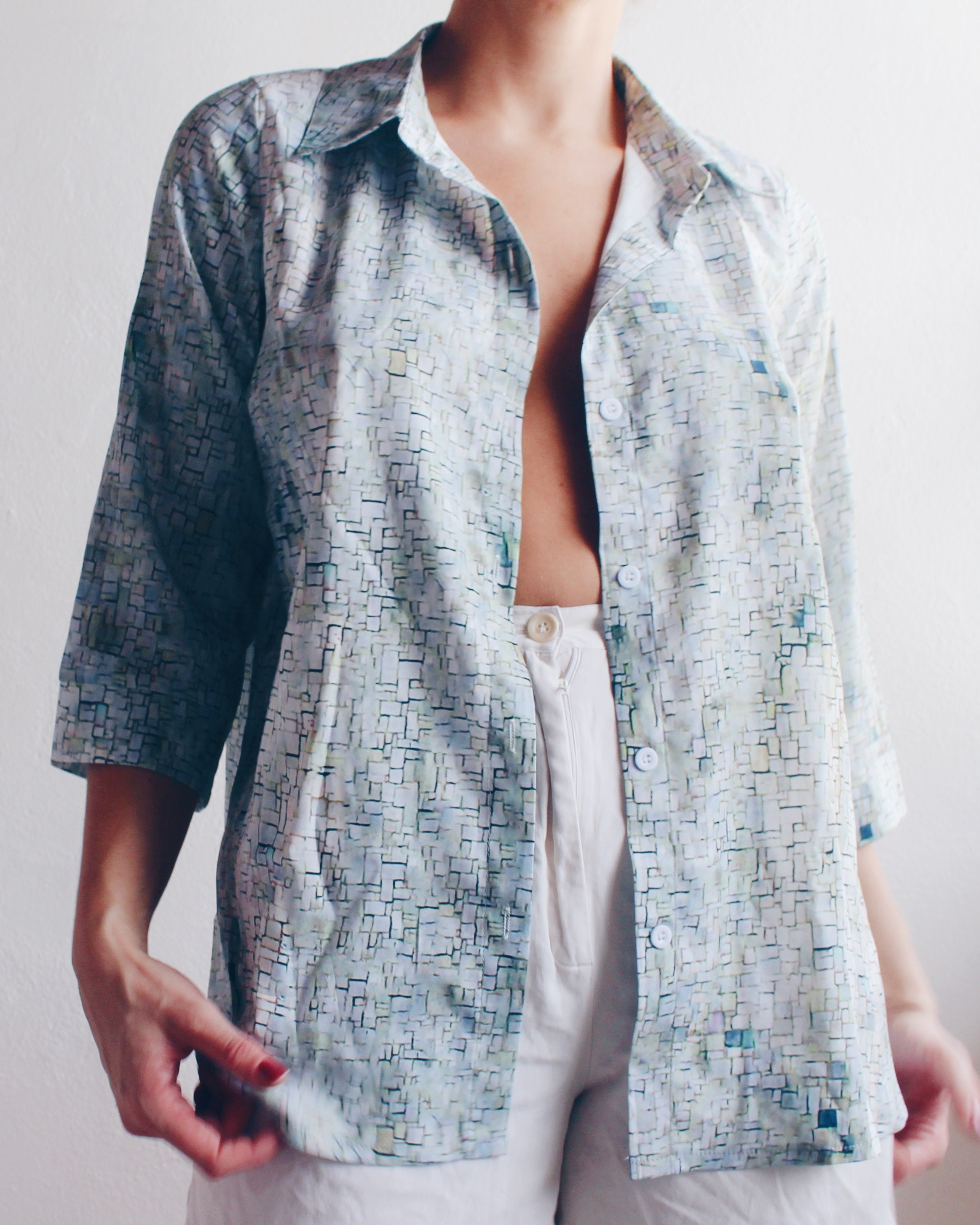 Stained Glass Pattern Blouse / Blue Watercolour Textured Button up ...