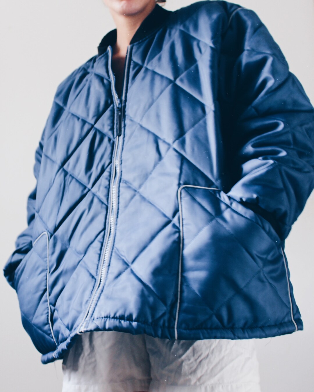 Navy Vintage Utility Bomber / Blue Quilted Jacket / Reflective ...