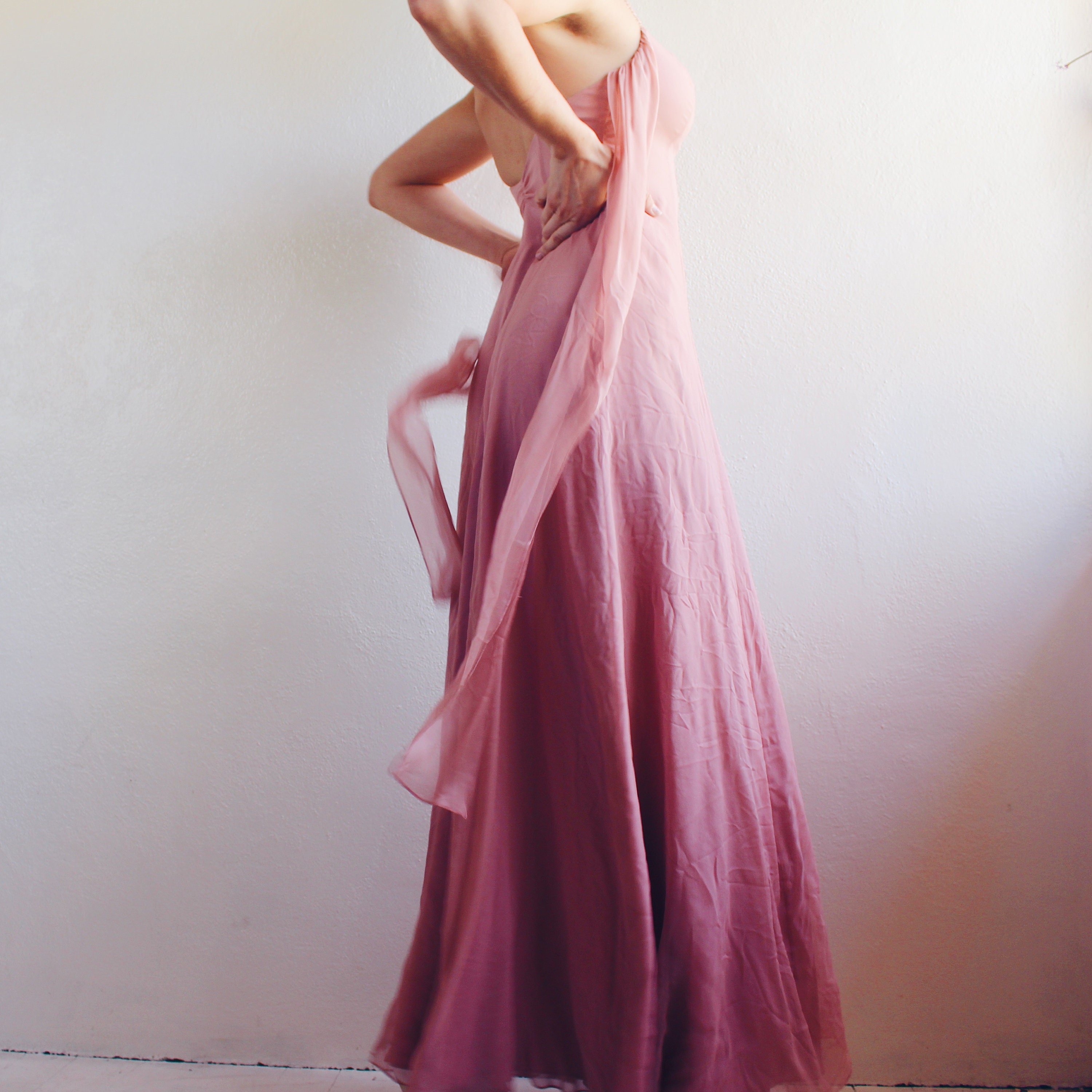 Vintage Y2K Blush Pink Silk Layered Gown Formal Sheer Evening Dress Bow ...