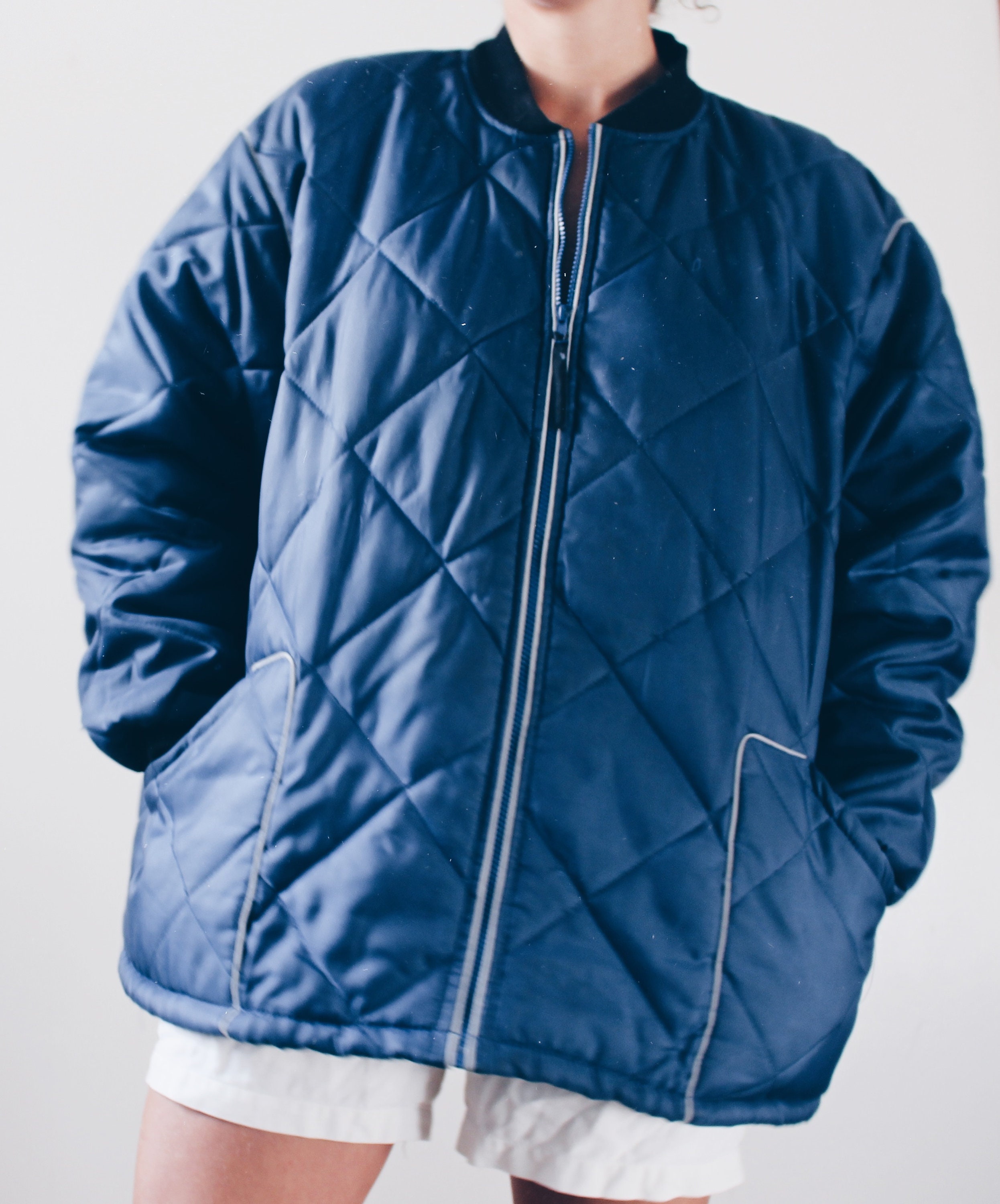 Navy Vintage Utility Bomber / Blue Quilted Jacket / Reflective ...