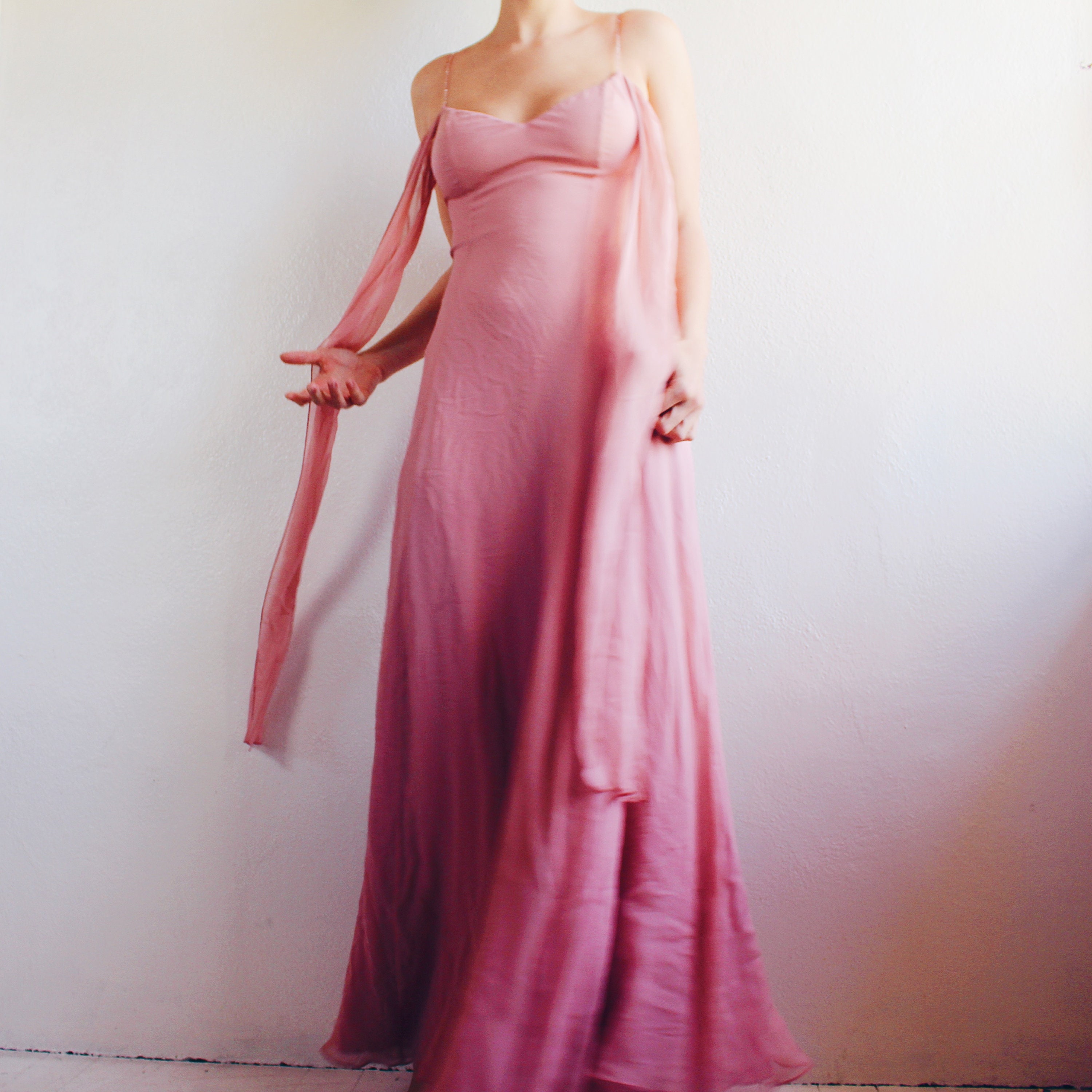 Vintage Y2K Blush Pink Silk Layered Gown Formal Sheer Evening Dress Bow ...