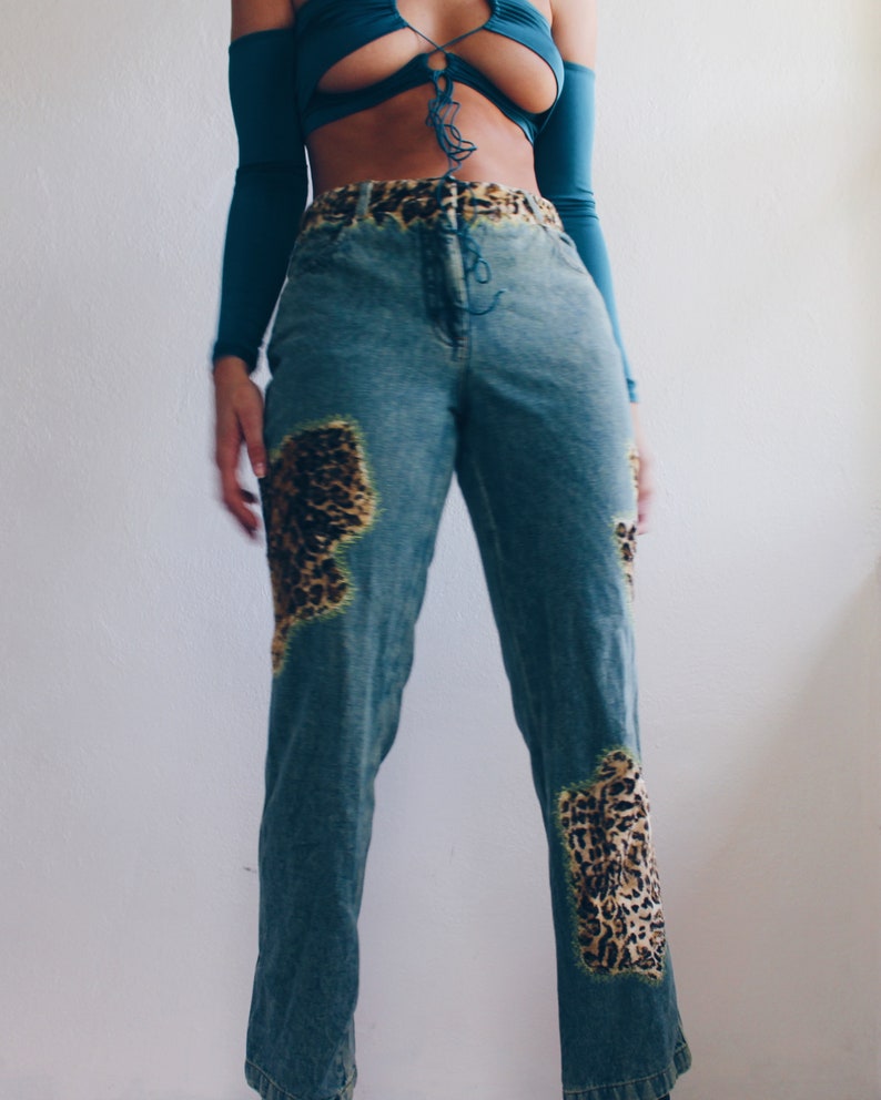 Y2k Patchwork Bootcut Jeans / Early 2000s Cheetah Print Denim | Etsy