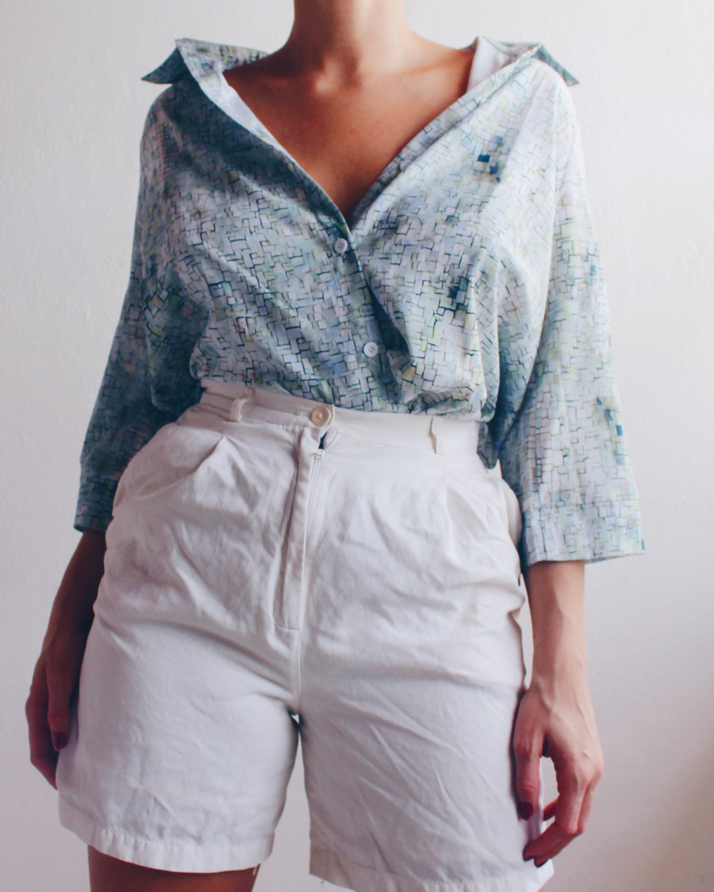 Stained Glass Pattern Blouse / Blue Watercolour Textured Button up ...