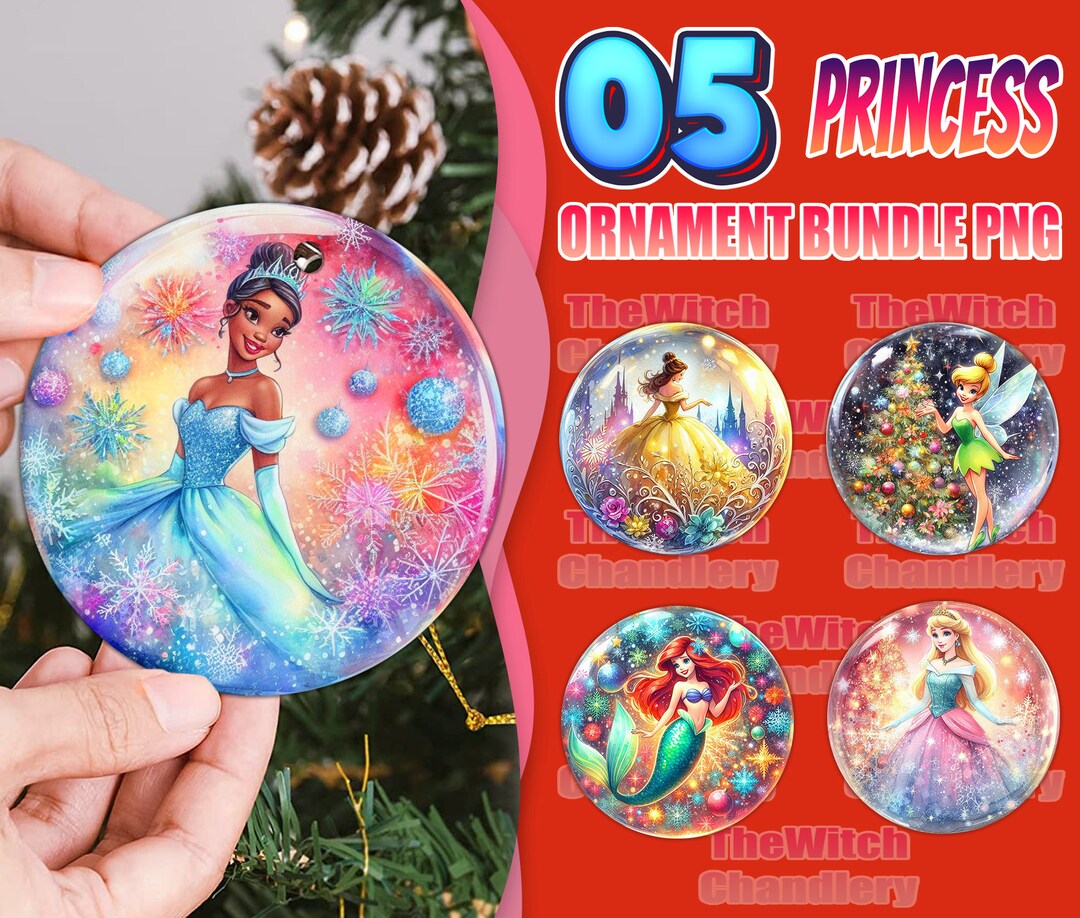 3D Princess Christmas Ornament Bundle PNG, Christmas Cartoon Round ...