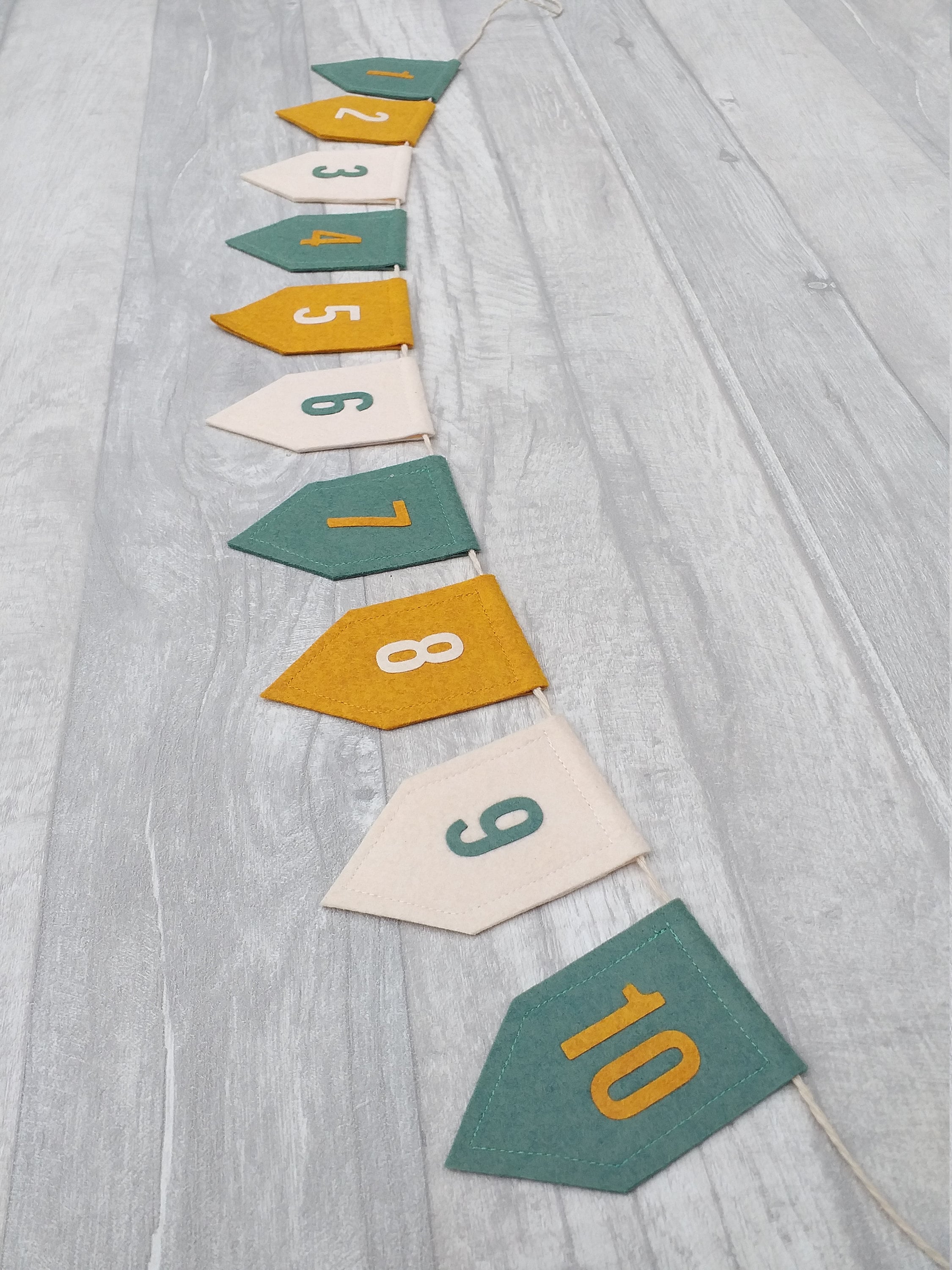 Number bunting number line green mustard yellow garland | Etsy