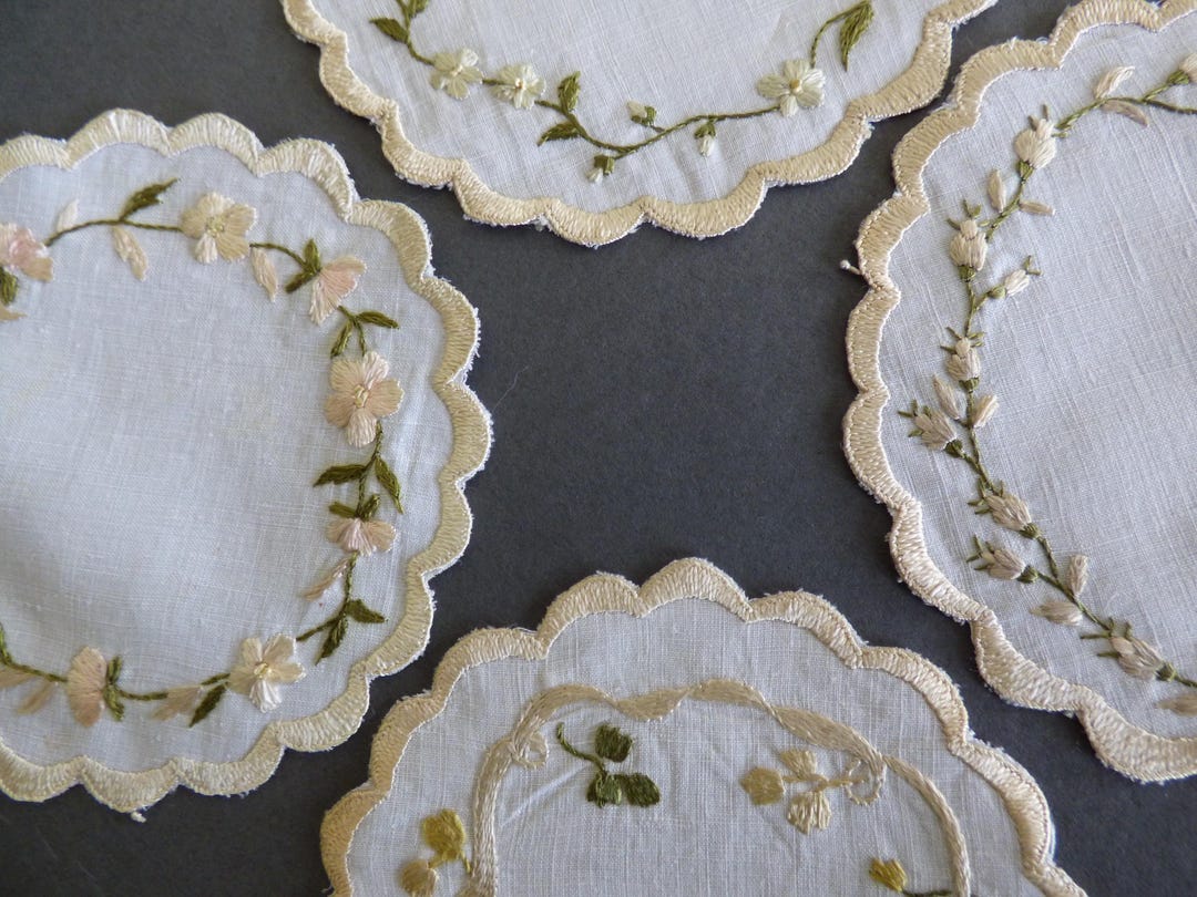 4 Antique Society Silk Coasters, Hand Embroidered Mats Doilies ...