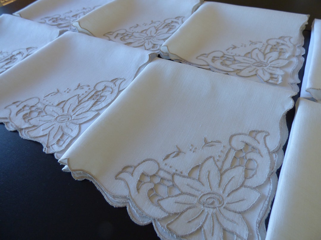 8 Vintage Linen Napkins, Cream Color Irish Linen, Floral Hand ...
