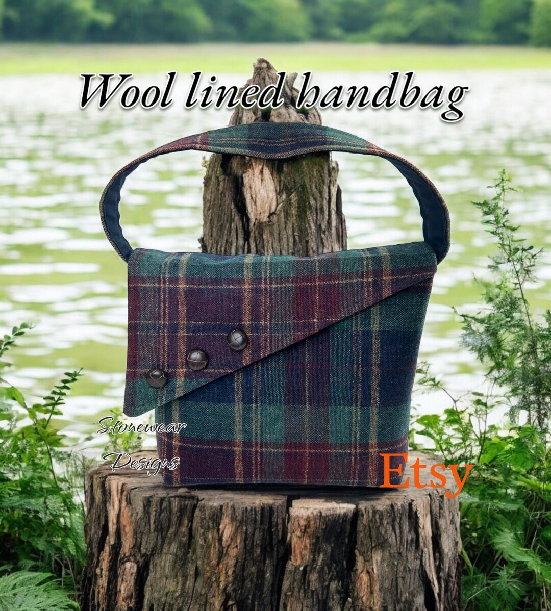 Navy, Burgundy and Dark Green Plaid Wool Lined Handbag With Magnetic ...