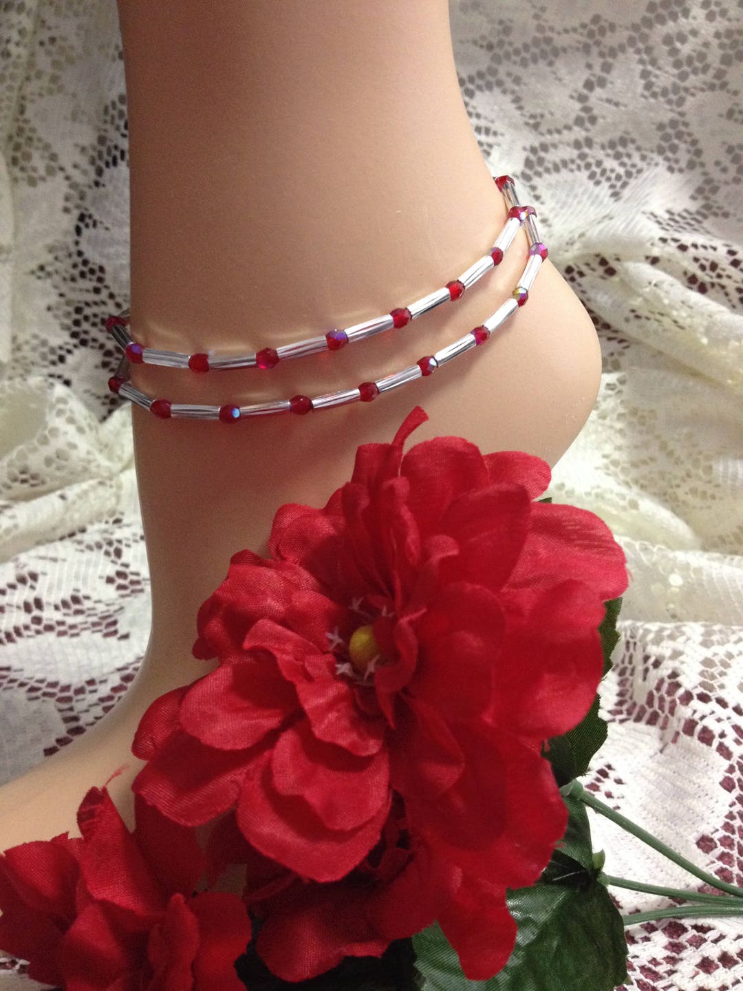 Ruby Red Anklet hand Made for You Set of 2, Ankle Bracelet, Stretch ...