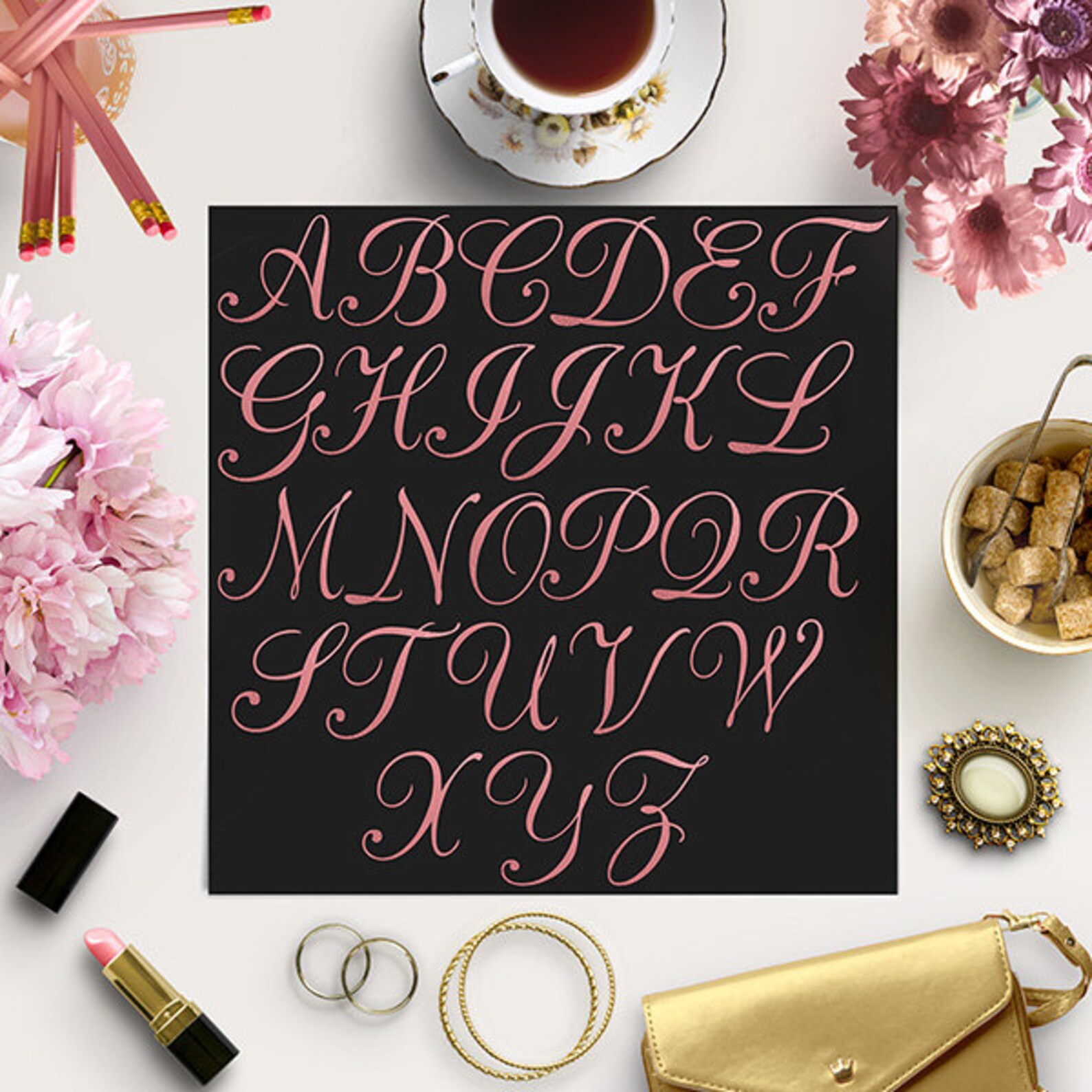 ROSE CURSIVE Pink Foil Alphabet Clipart Gold Letters Clip | Etsy