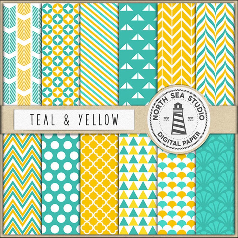 Teal and Yellow Digital Paper Pack Scrapbook Paper | Etsy