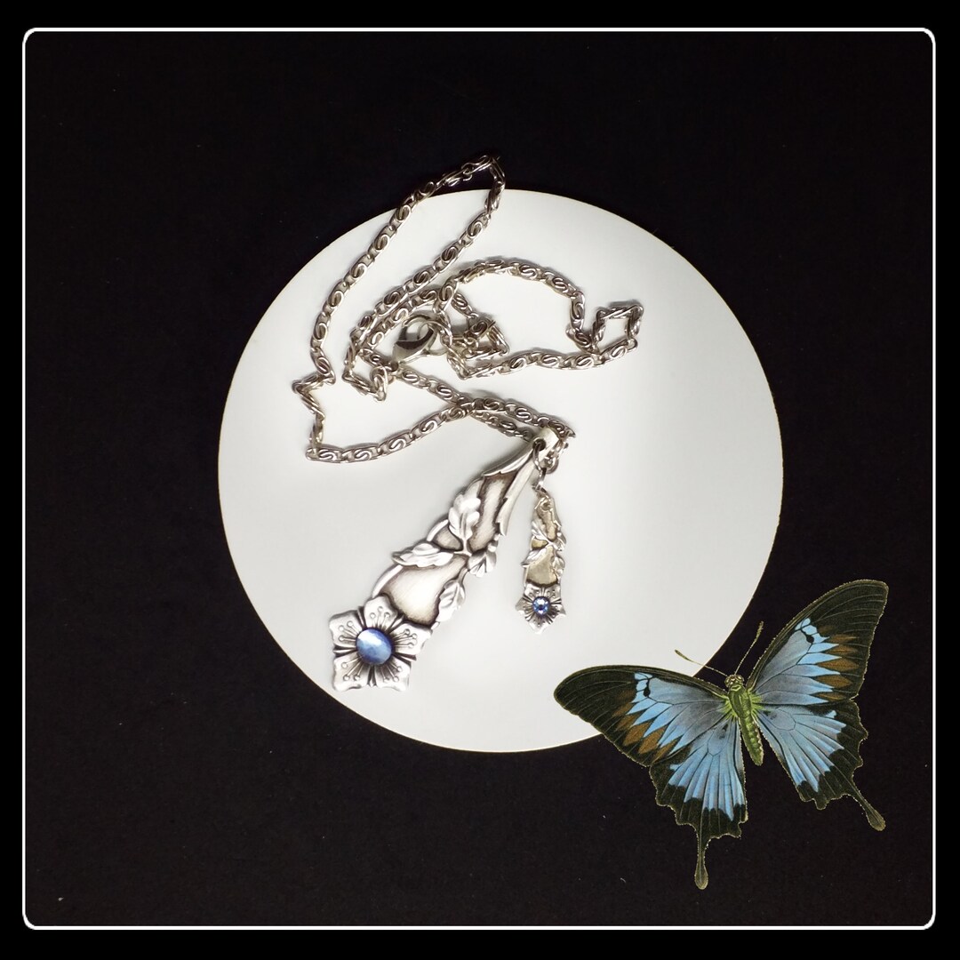 Handmade BIG Statement Blue Flowers Silver Two Spoons Pendant - Etsy